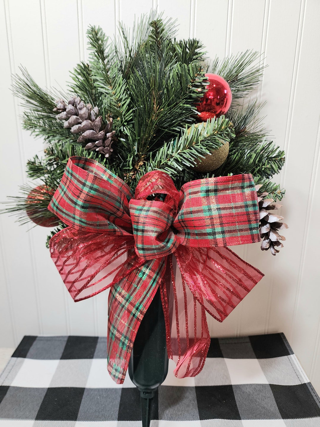 Christmas Winter Memorial Vase With Red, Green and Gold Plaid Ribbon ...