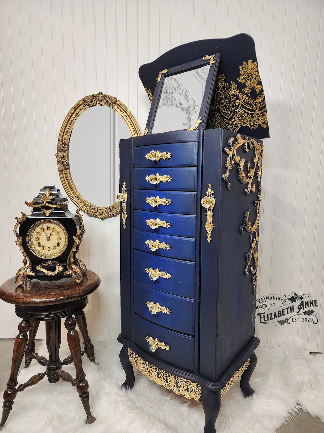 Sold!!!!royal Navy Blue & Gold Jewelry Armoire | Crushed Velvet Lining ...