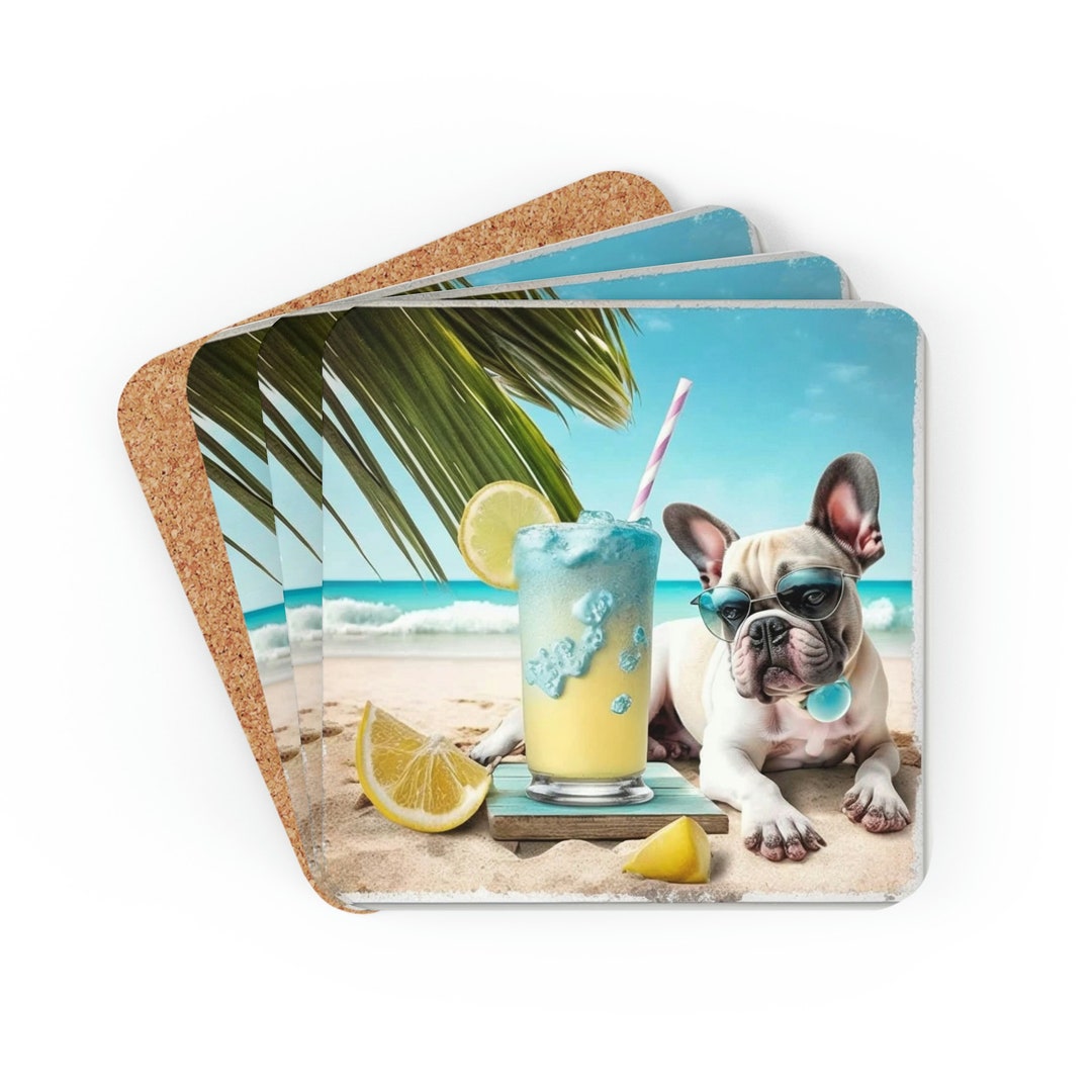 Set of 4 French Bulldog Beach Coasters With Ice Cold Cocktail - Etsy
