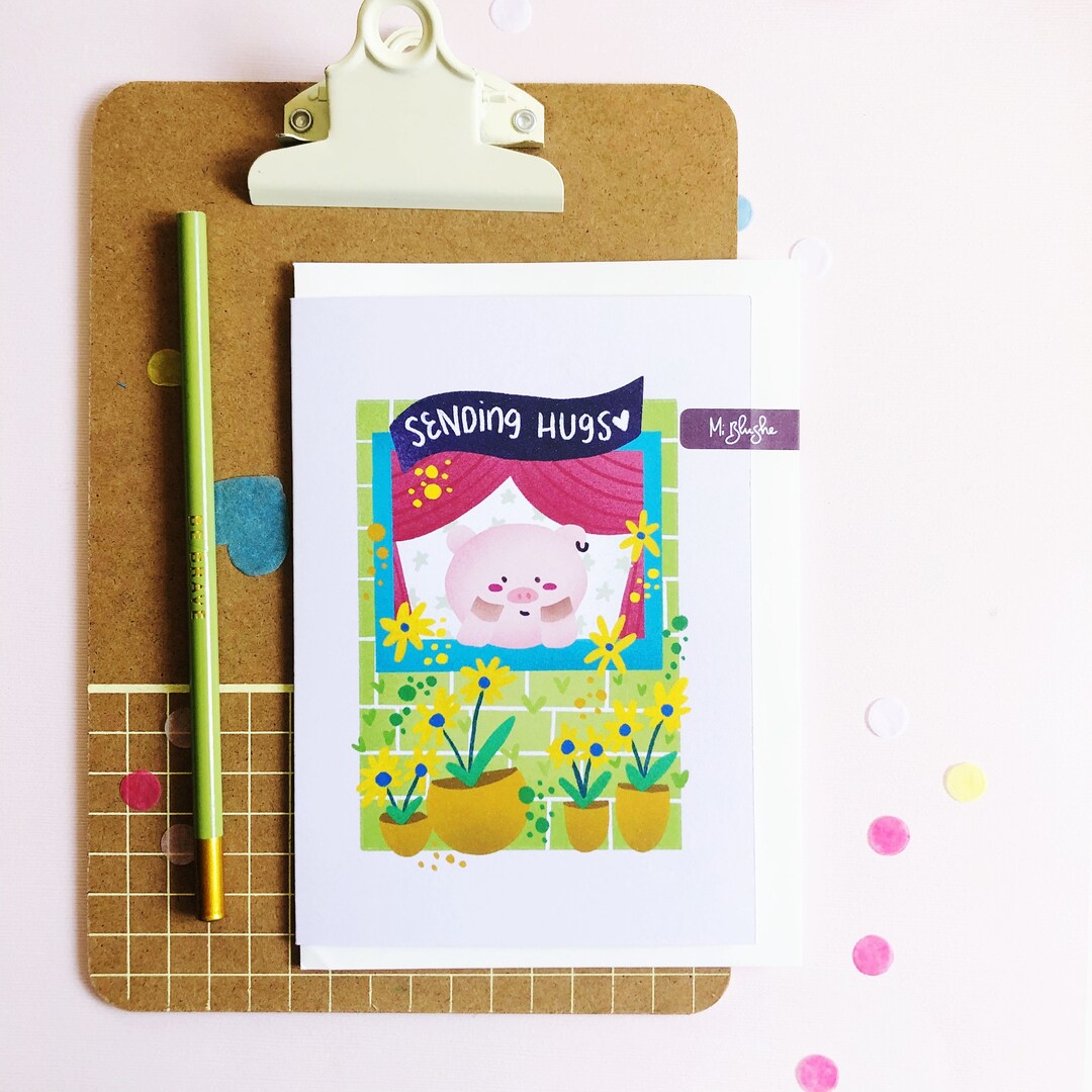 Piggy Sending Hugs Greeting Card, Colorful Artwork, Baby Animal Gift - Etsy