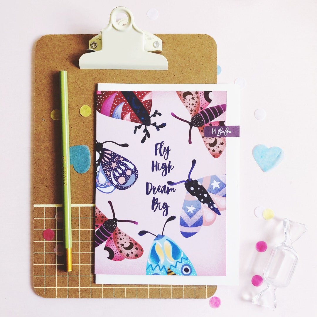 Fly High Dream Big Greeting Card | Encouragement Greeting Card | Moths ...