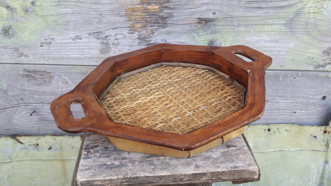Vintage Wooden Wicker Tray, Coffee Table, Rustic Wooden Tray, Serving ...
