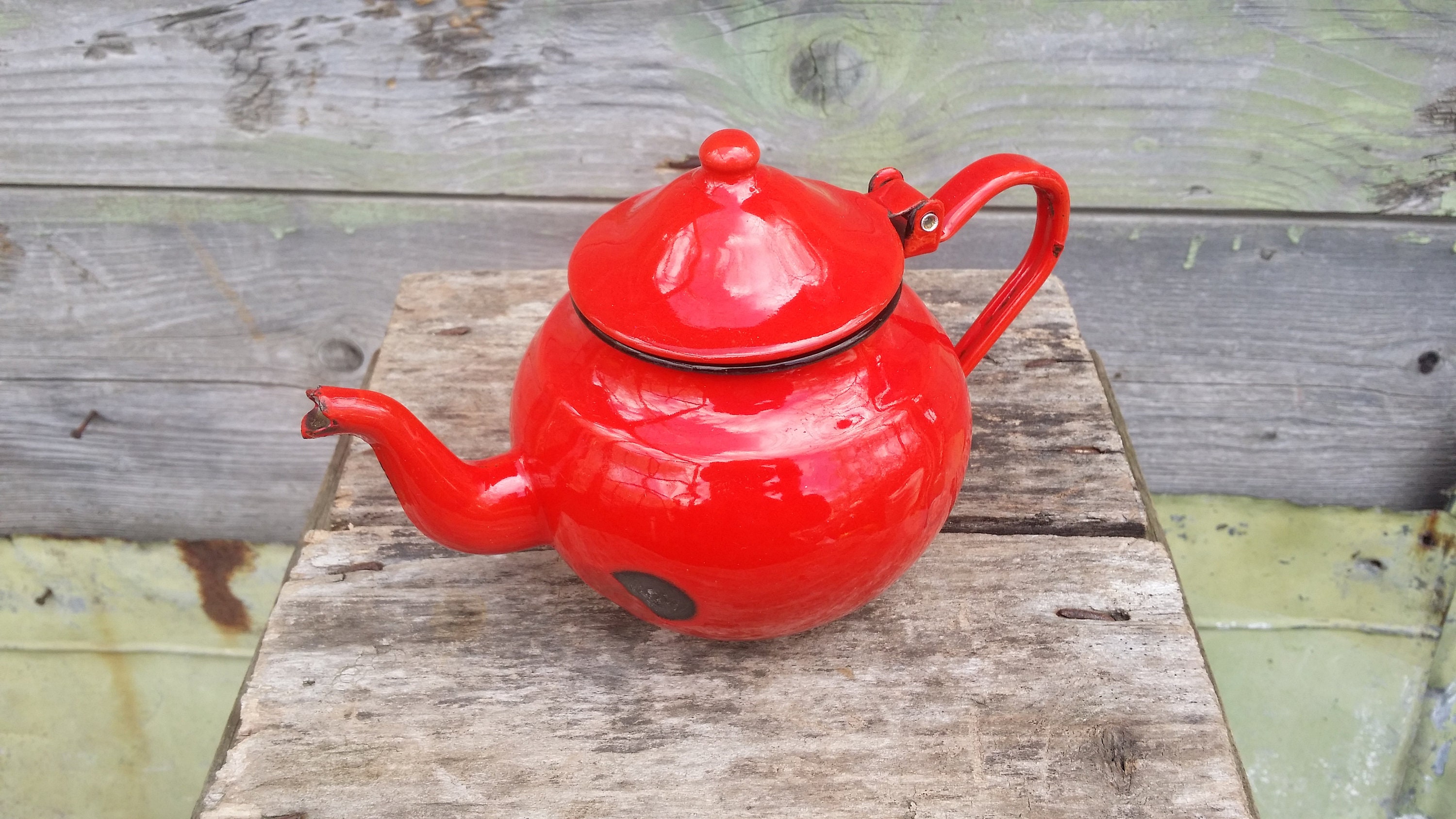 Vintage Enamel Red Teapot Enamelware Teapot Decorative - Etsy
