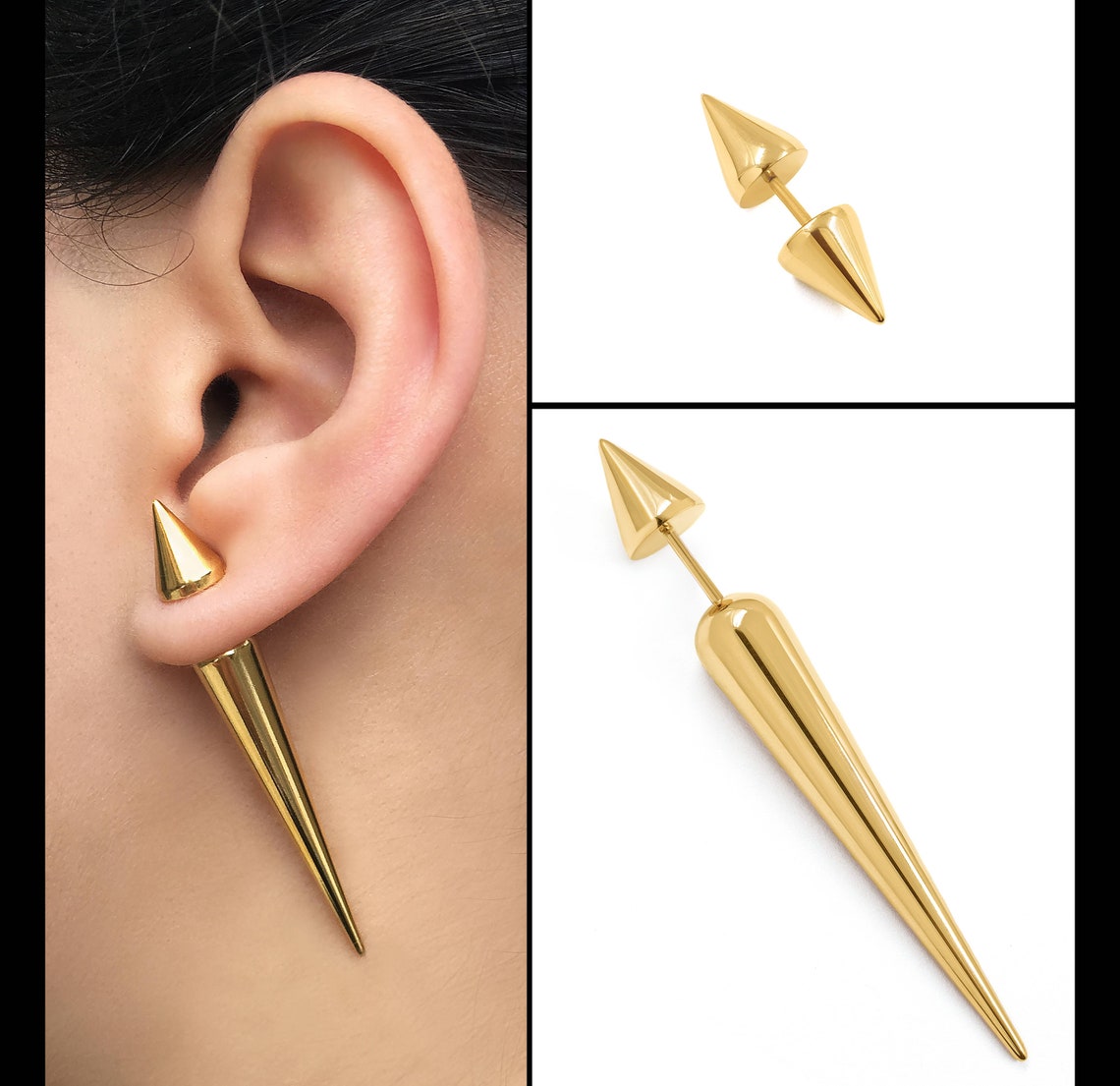 Harley Long Spike Earring. Fake Gauge GOLD Spike Earring.. - Etsy