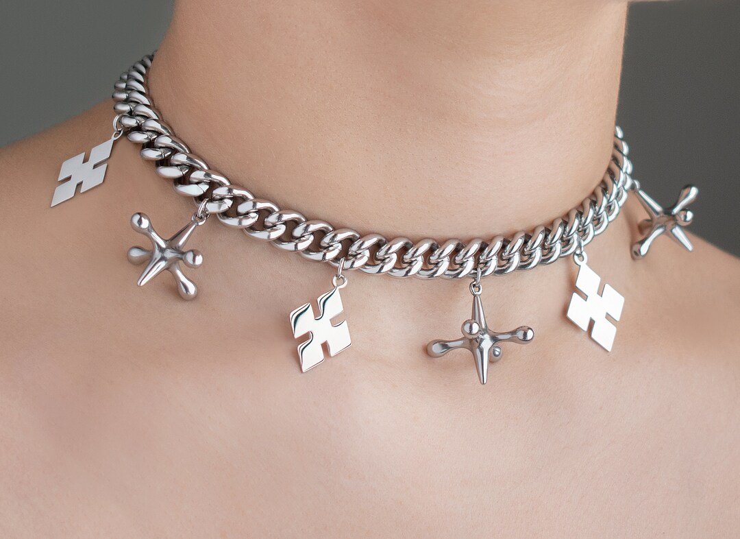 Harley Jacks and Diamonds Choker Necklace. Stainless Steel. Silver ...