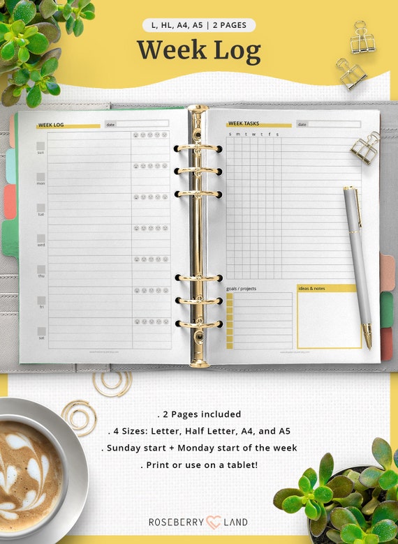 Printable / Digital Week Log HL L A5 A4 Sunday | Etsy