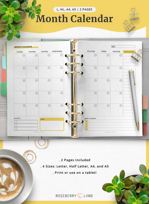 Printable / Digital Month Calendar HL L A5 A4 2 - Etsy