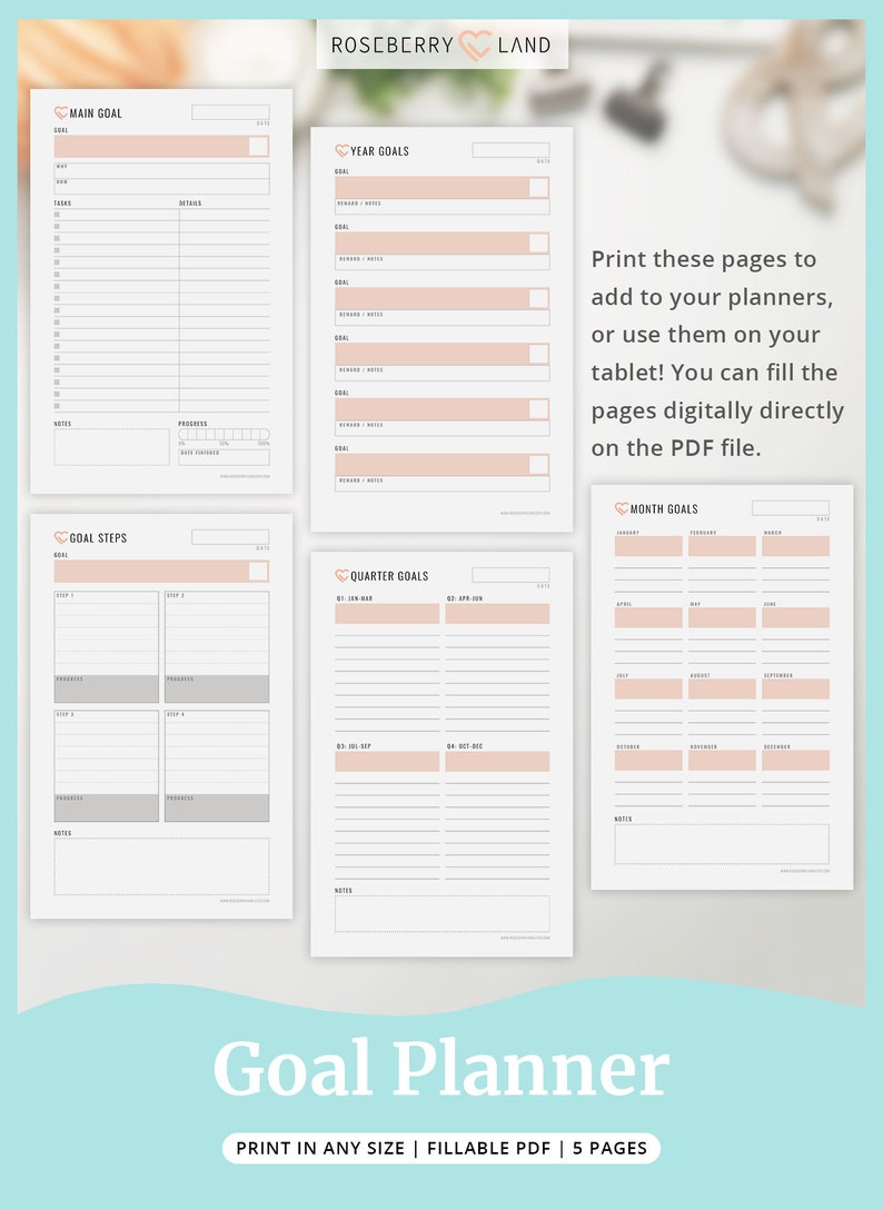 Printable / Digital Goal Planner Printable Planner Pages Any Size 5 ...