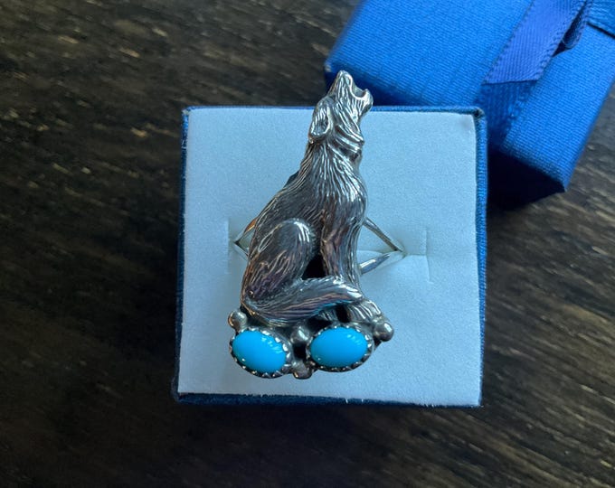 Navajo Howling Wolf Sterling Silver and Turquoise Ring by Running Bear ...
