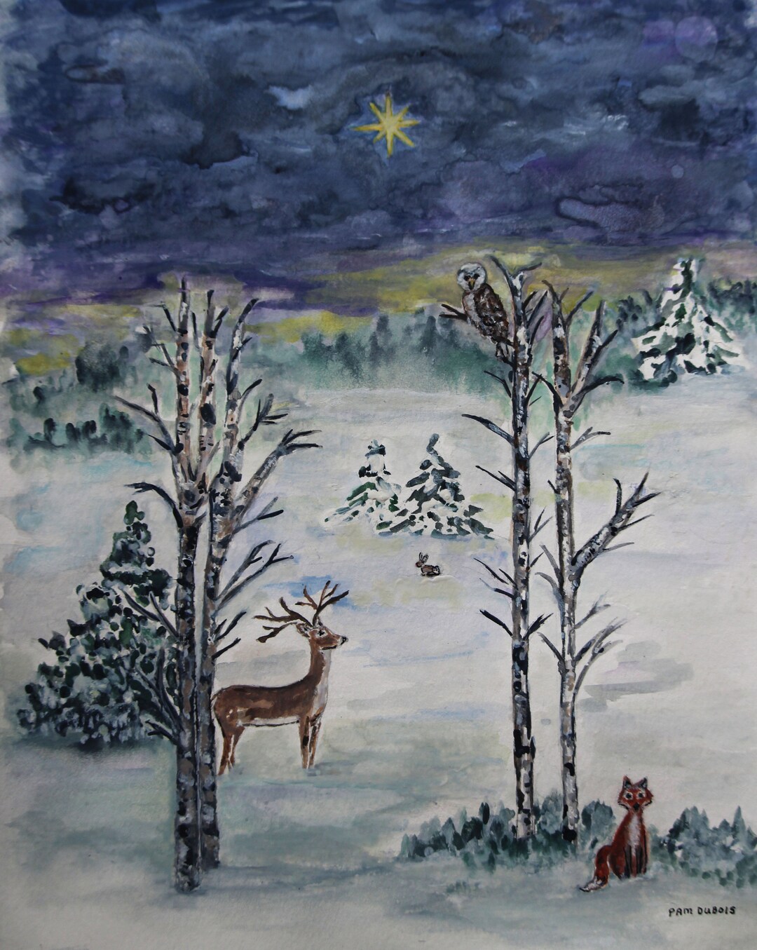 Winter Scene Watercolor PRINT of Deer, Fox, Owl and Bunny Under "the ...