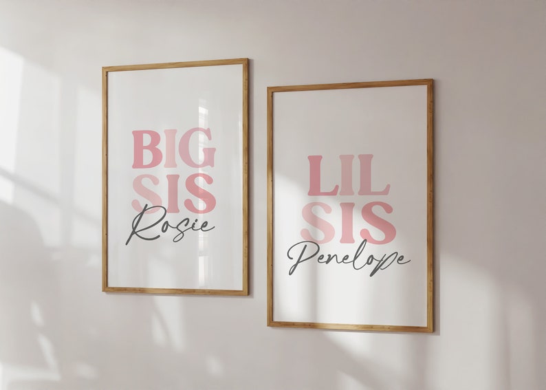 Big Sis Lil Sis Printable, Sibling Wall Art, Custom Name Print, Pink ...