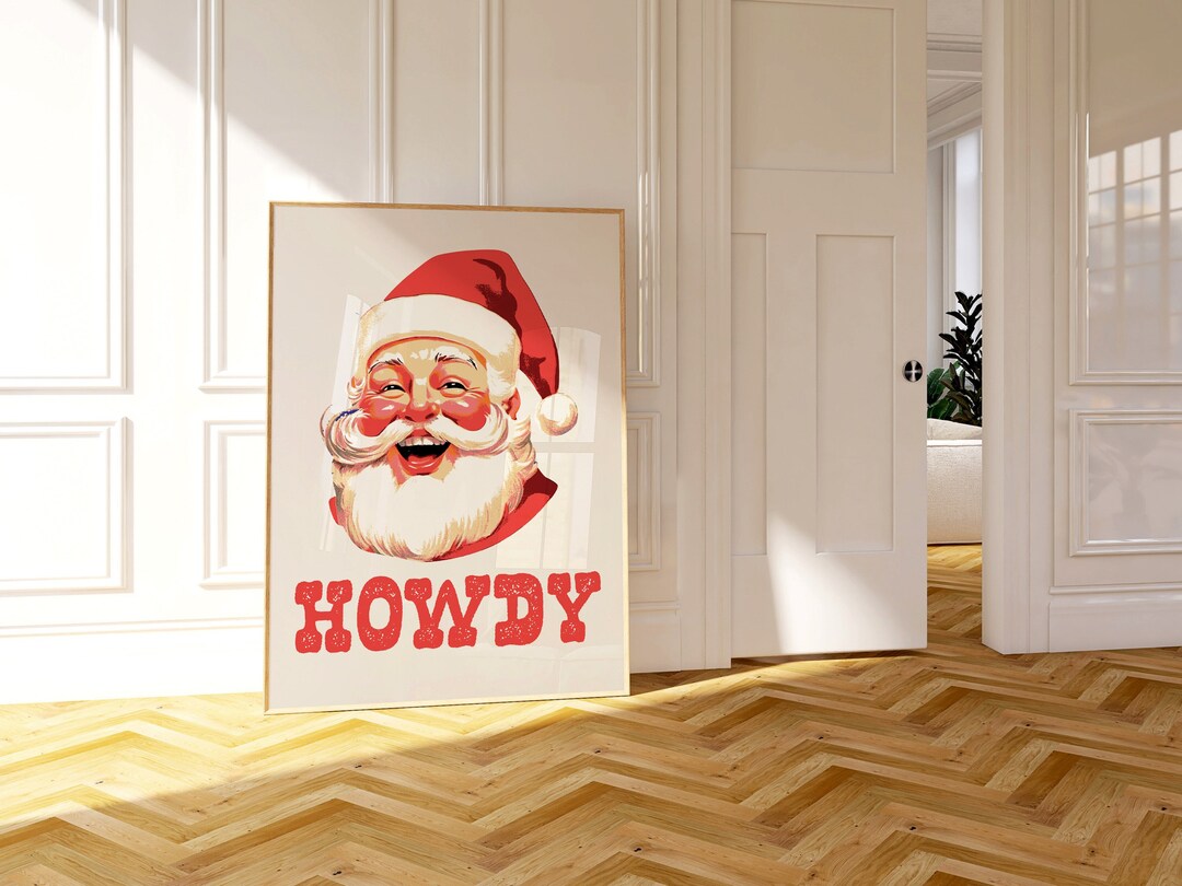Howdy Santa Print, Western Christmas Wall Art, Cowboy Santa, Retro ...
