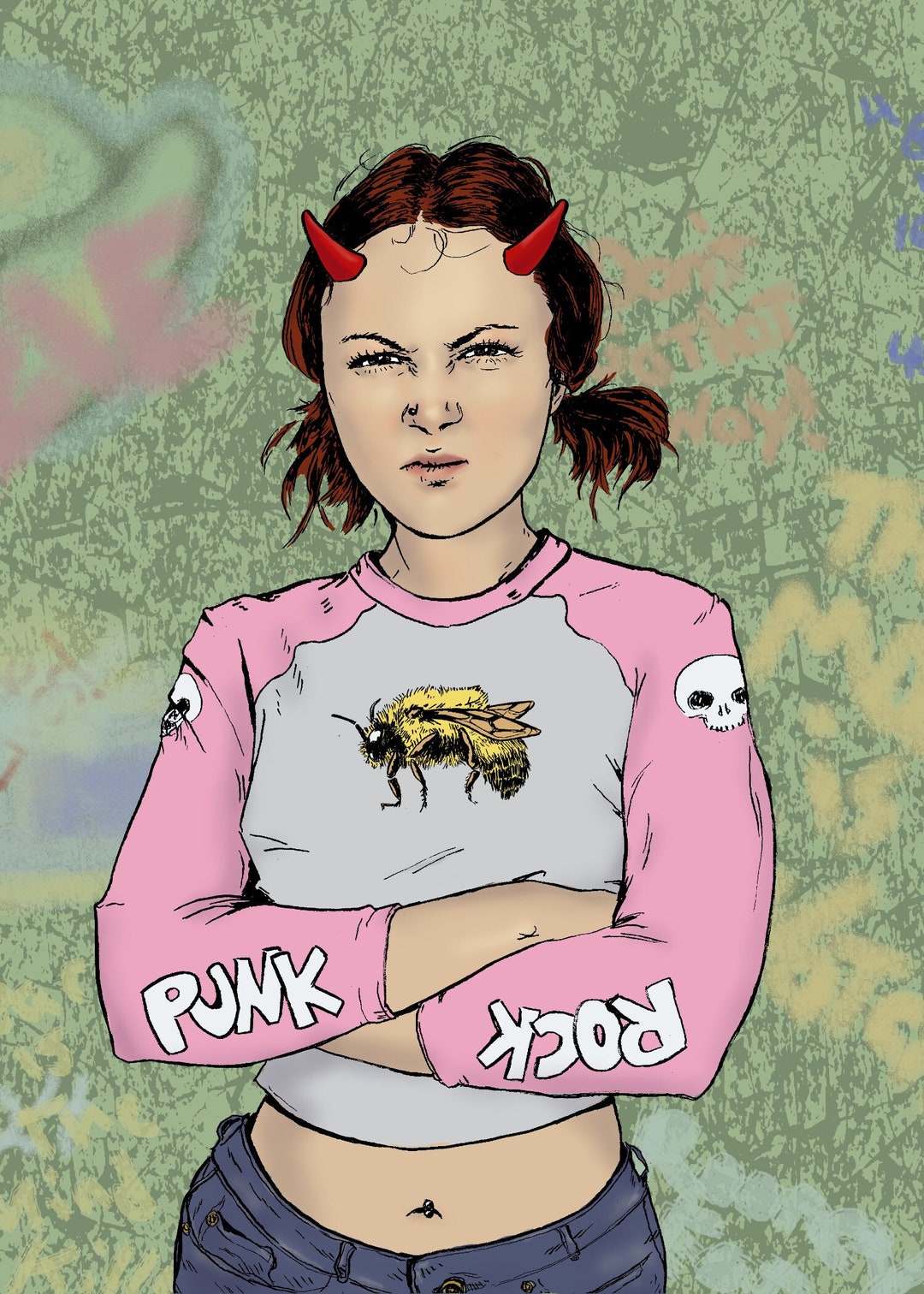 Punk Rock Devil Lady With Bumblebee Art Print 5x7 - Etsy