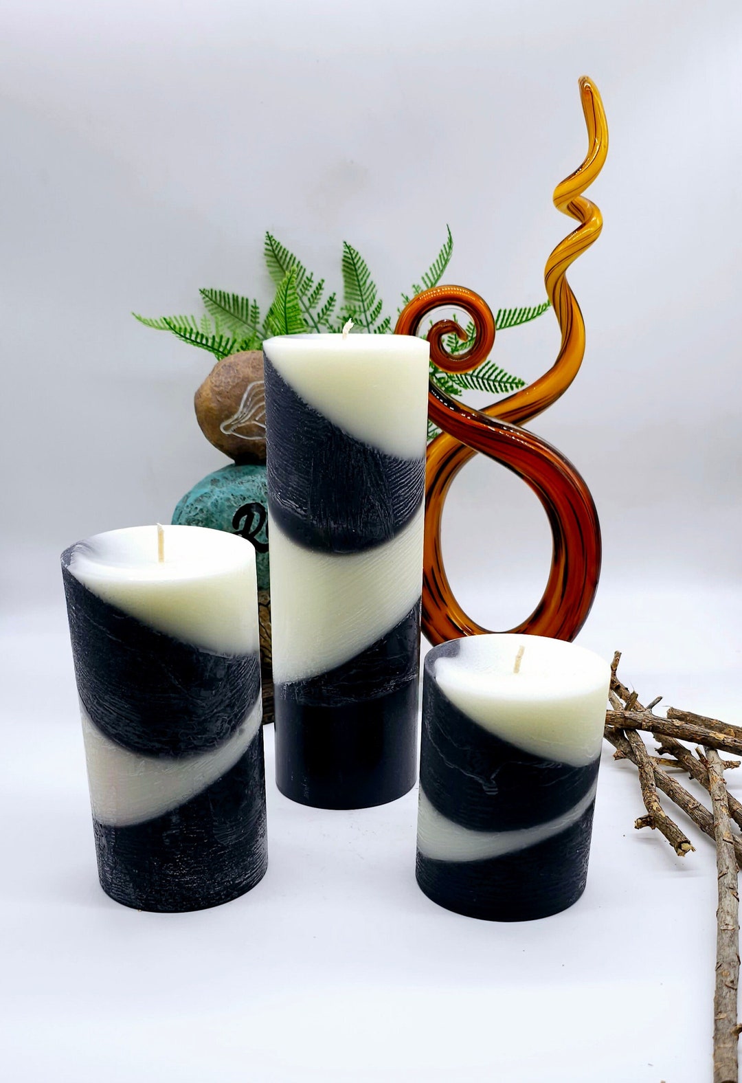 Black and White Pillar Candle Set-rustic Layered Candle-set of 3 ...