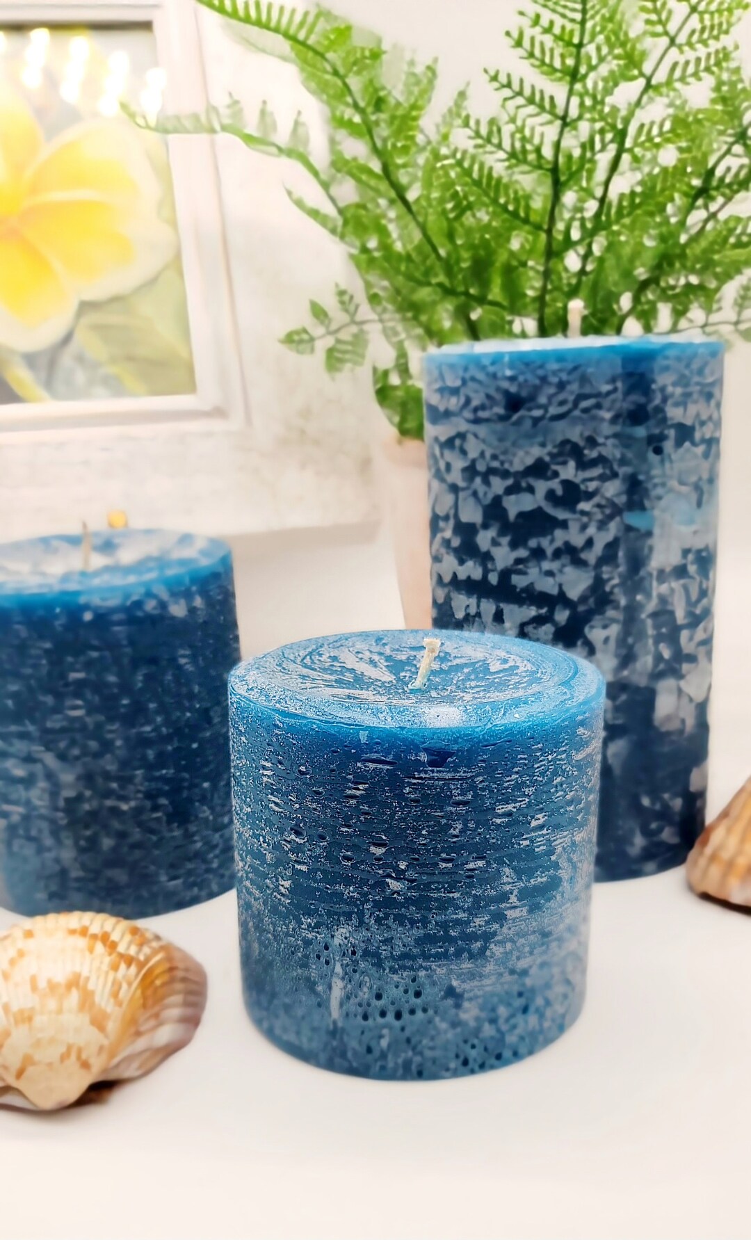 Blue Scented Candle, Rustic Pillar Candle, Ocean Breeze Fragrance ...