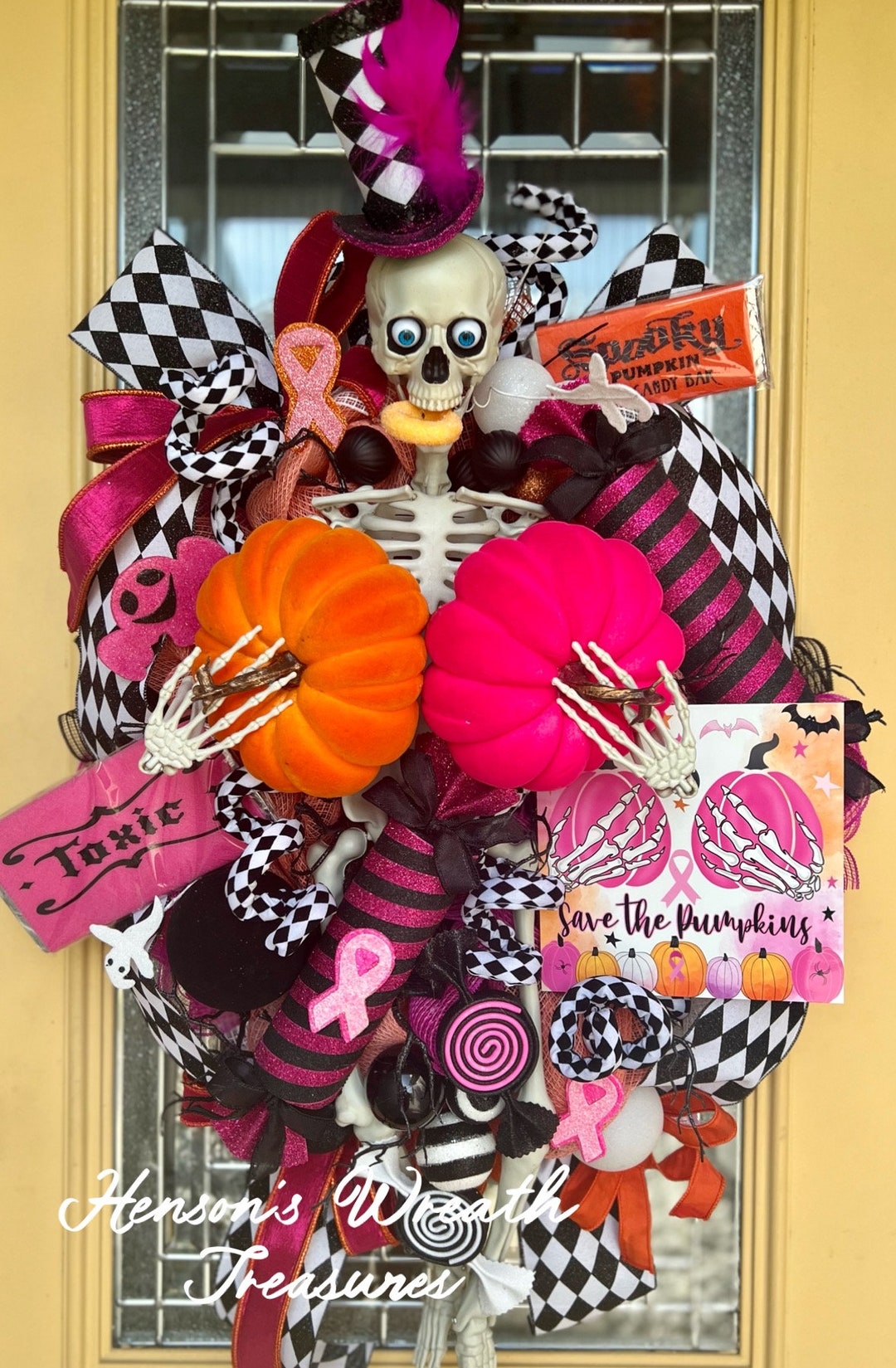 Skeleton XL Breast Cancer Halloween Wreath, Save the Pumpkins Pink ...