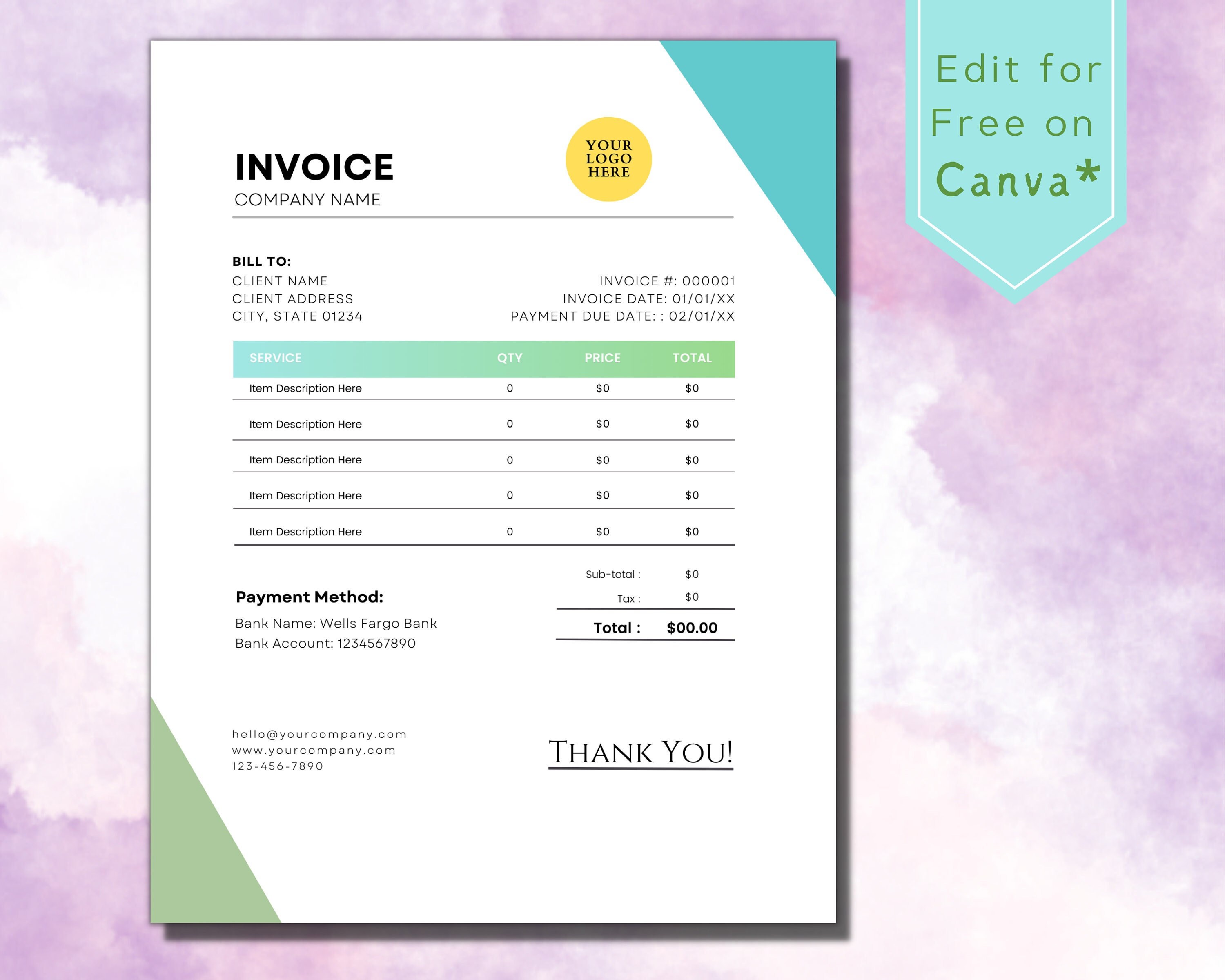 Colorful Invoice Template Editable on Canva Instant Download Small ...