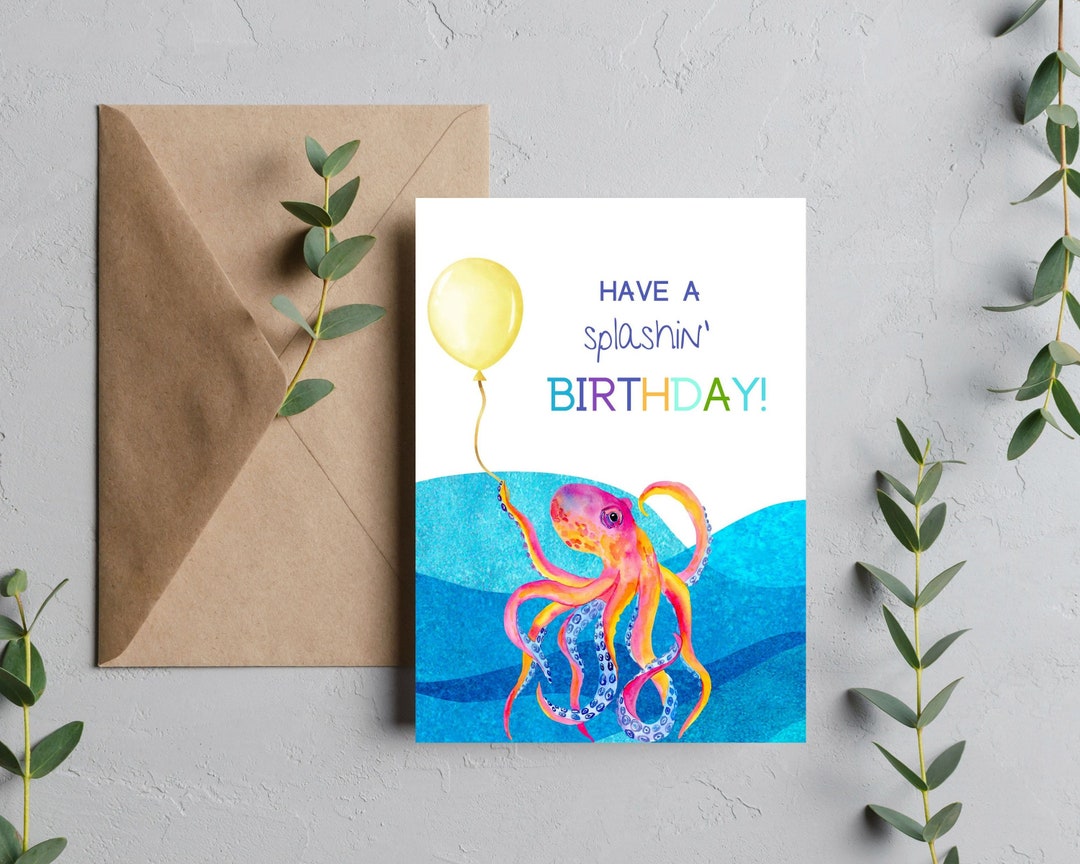 Watercolor Octopus Birthday Card: Printable Sea Creature Card (digital ...