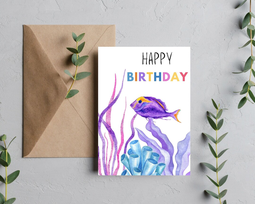 Tropical Fish Watercolor Birthday Card Digital Download & Print ...