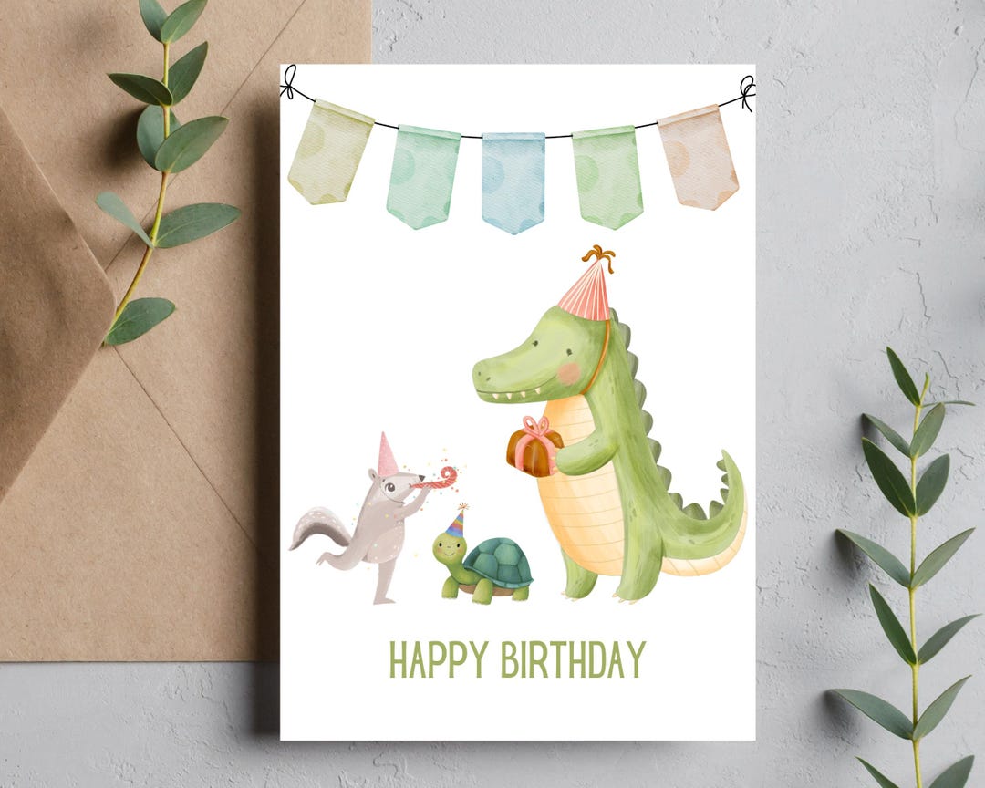 Alligator Badger Turtle Birthday Card: Animal Theme Printable (digital ...