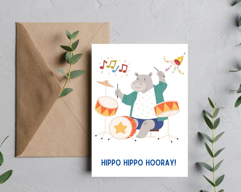 Hip Hip Hooray Hippo Congratulations Card Birthday Card Printable ...