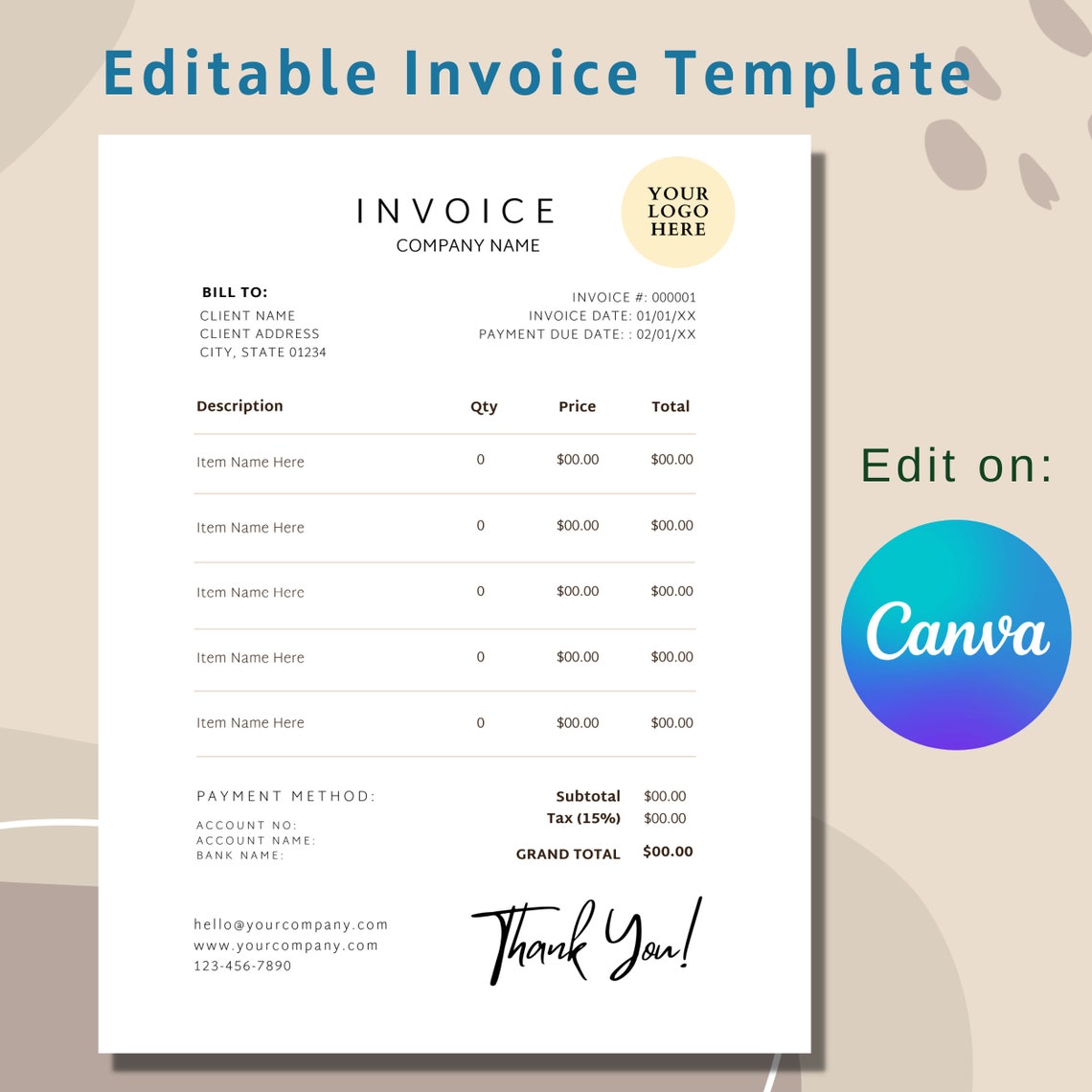 Simple Invoice Template Editable on Canva Instant Download Small ...
