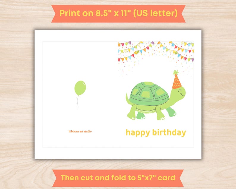 Whimsical Turtle Birthday Card - Printable Cute Animal Design (digital ...