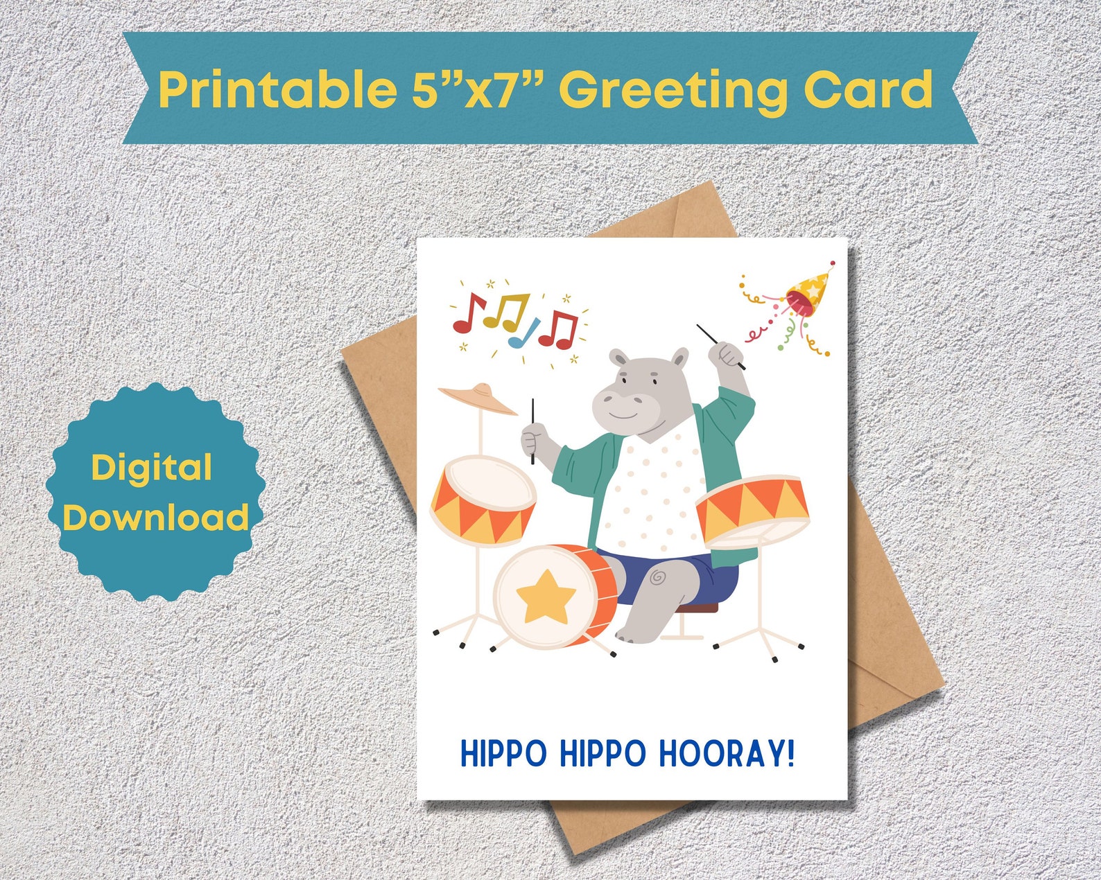 Hip Hip Hooray Hippo Congratulations Card Birthday Card Printable ...