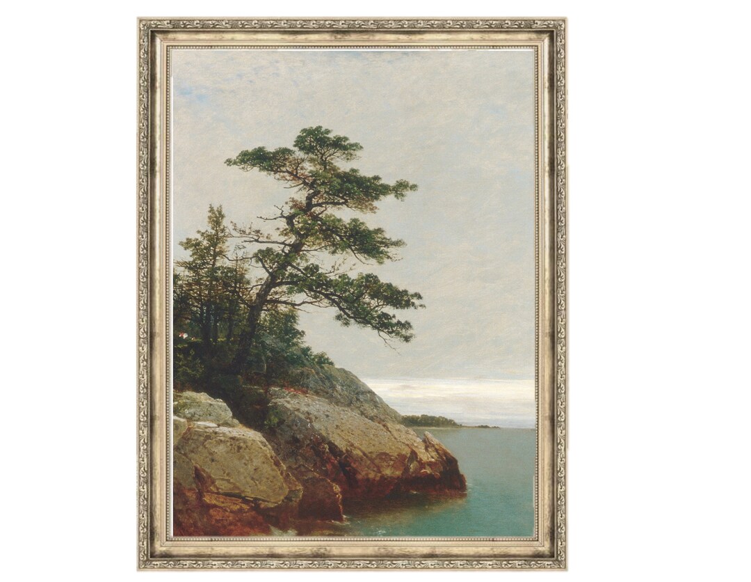 Leaning Old Tree on Cliffside Vintage Painting | Wall Decor | Instant ...