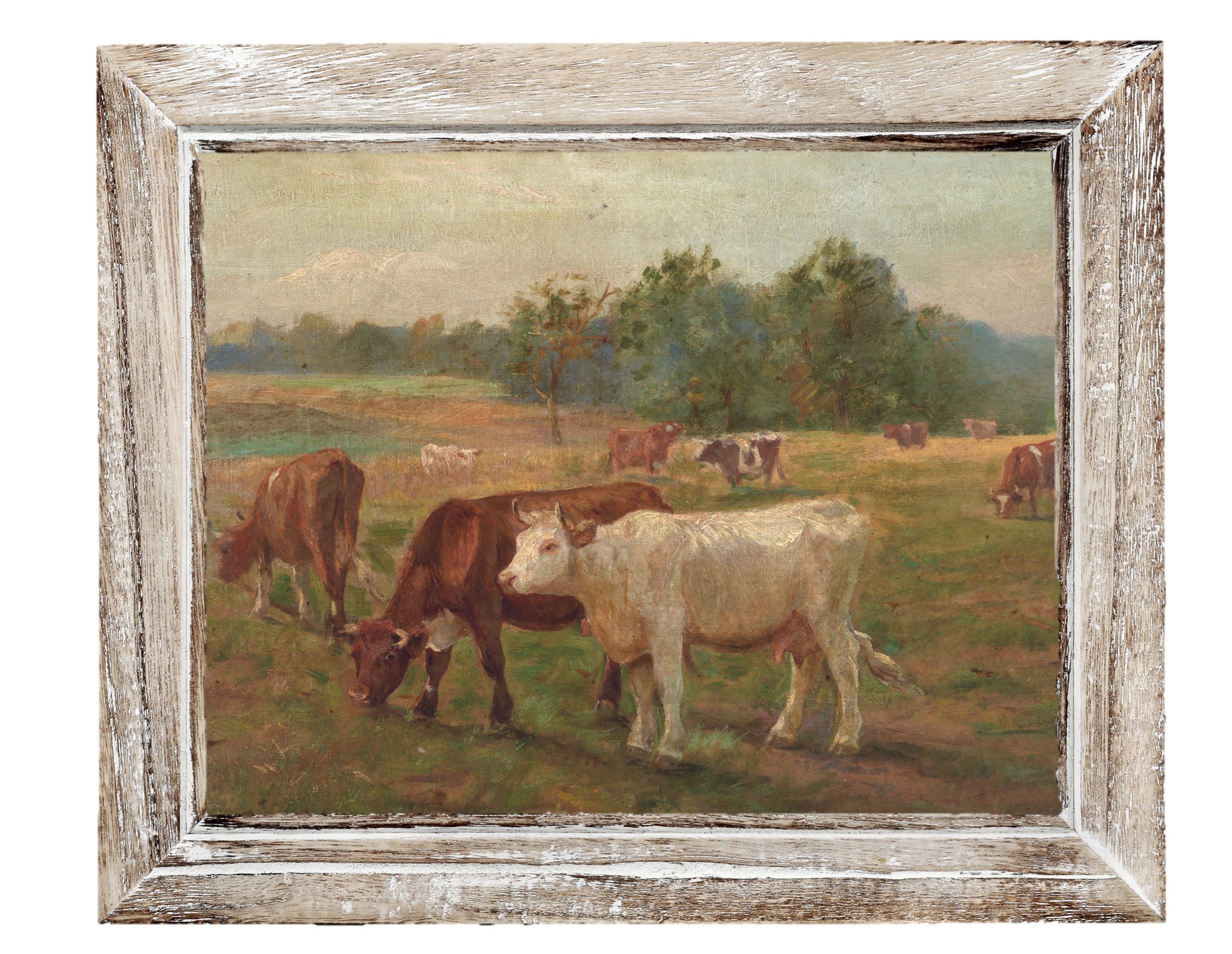 Antique Cow Landscape Painting Farm Cow Vintage Painting | Etsy