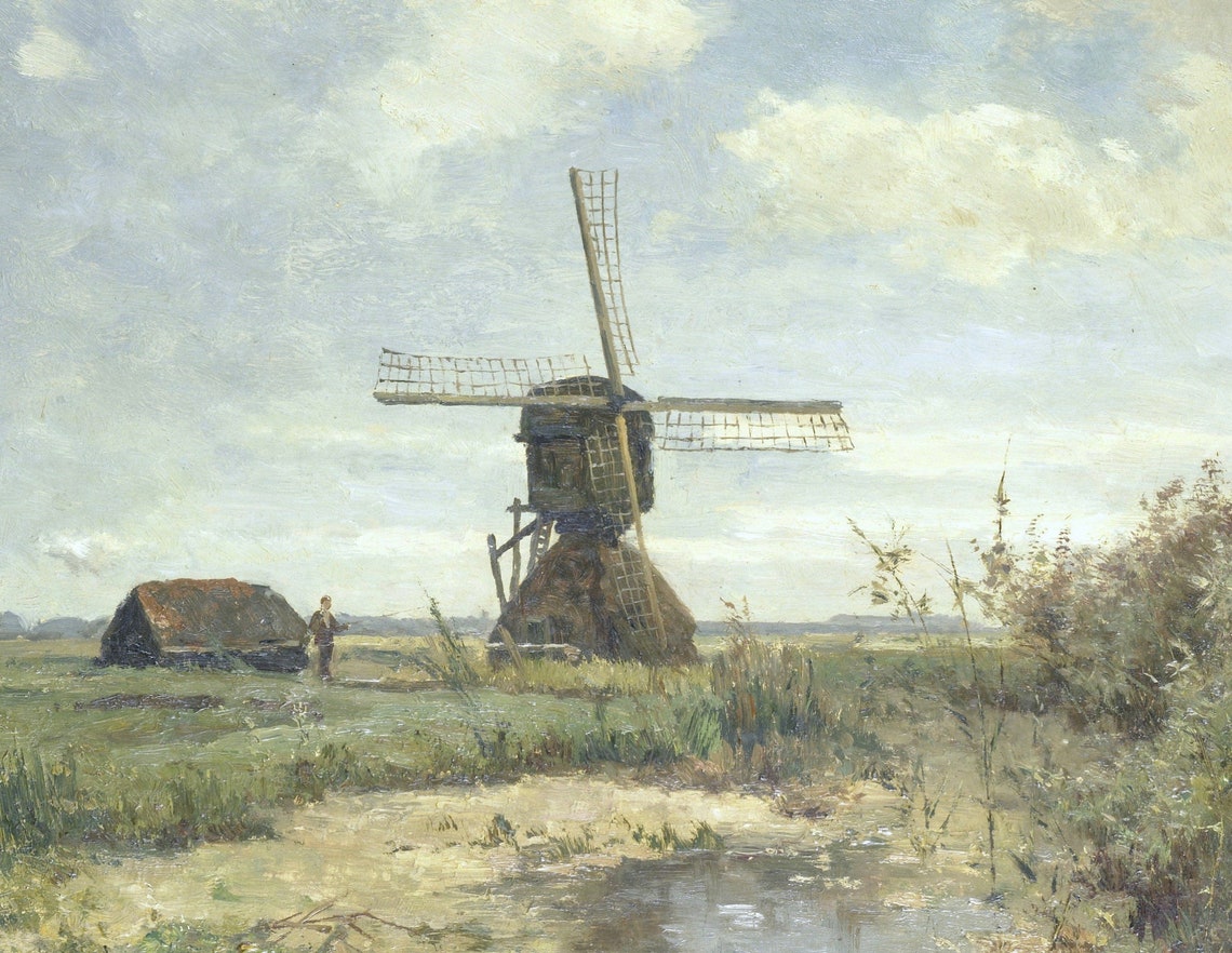 Windmill Vintage Painting Windmill Art Antique Digital Print | Etsy