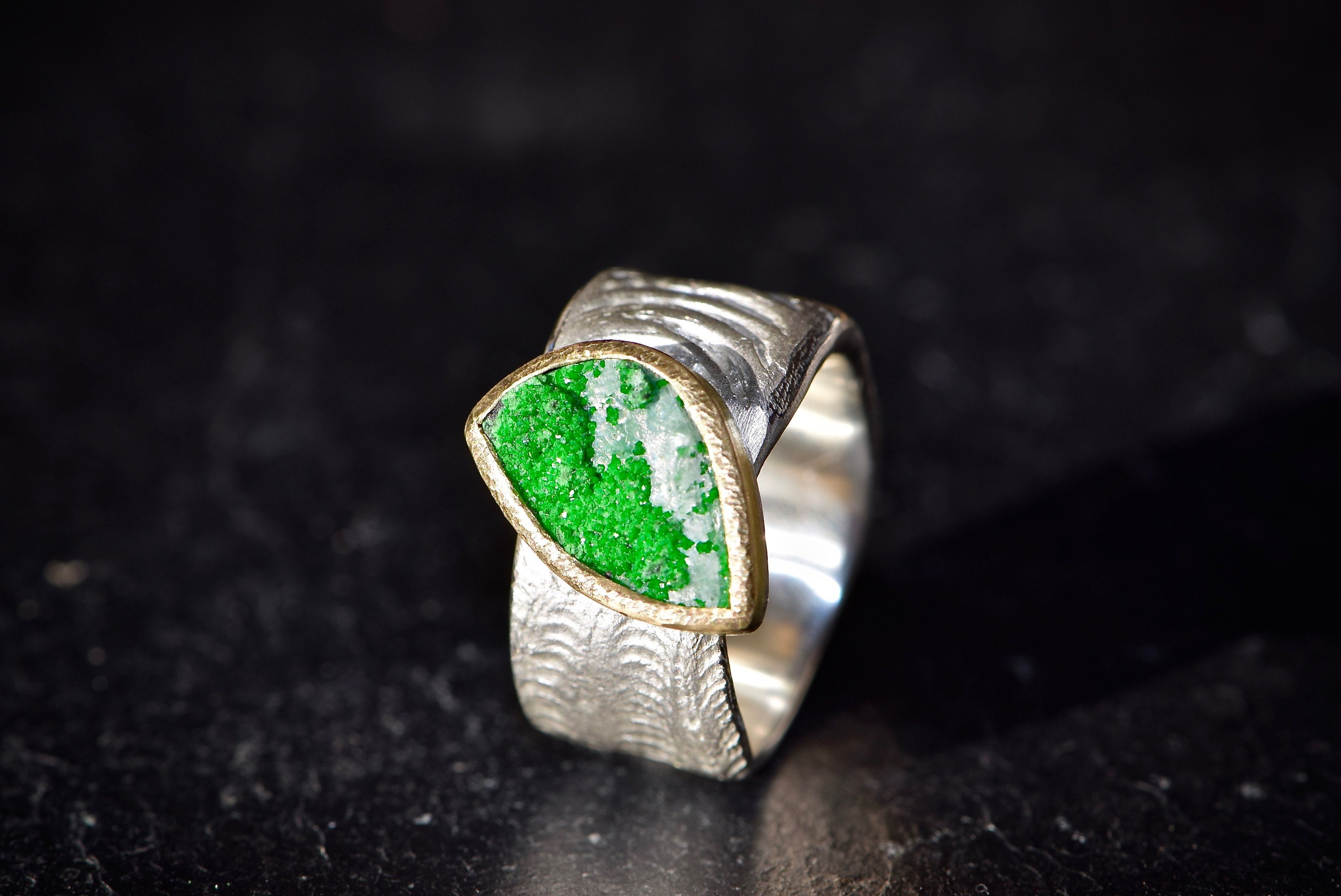 Wide Silver ring with Uvarovite unique