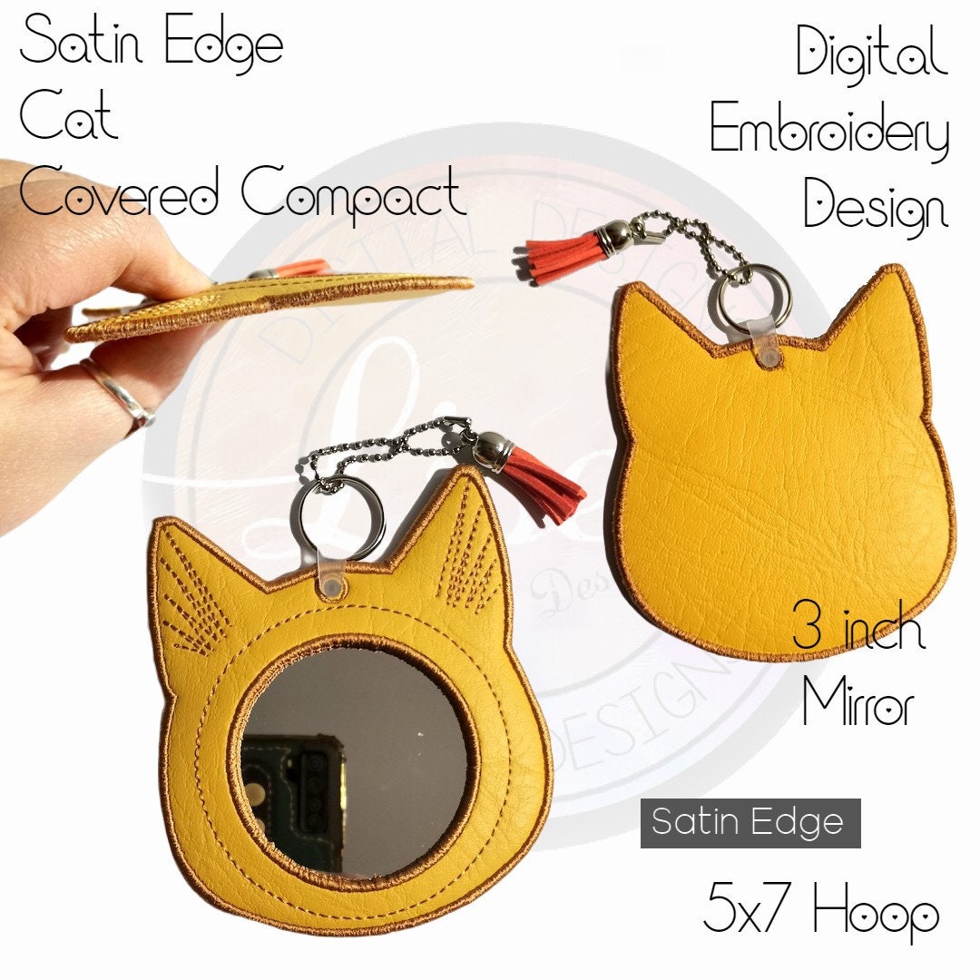 75 Mm Mirror Design, Cat Satin Stitch, Open Compact Mirror, Digital ...