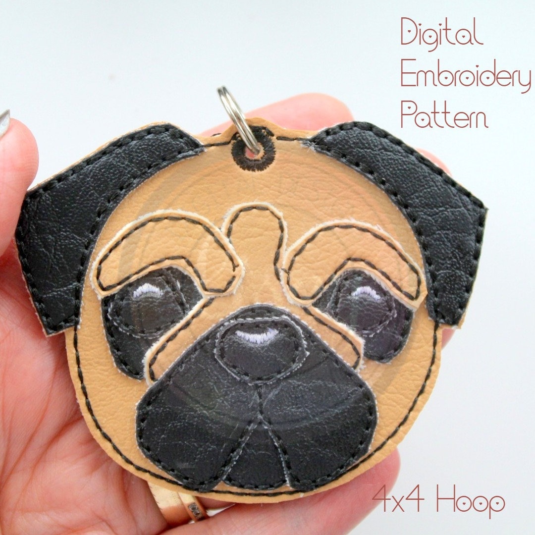 Pug Key Ring Chain, Large Charm, Layered Raw Edge Applique, DIGITAL ...