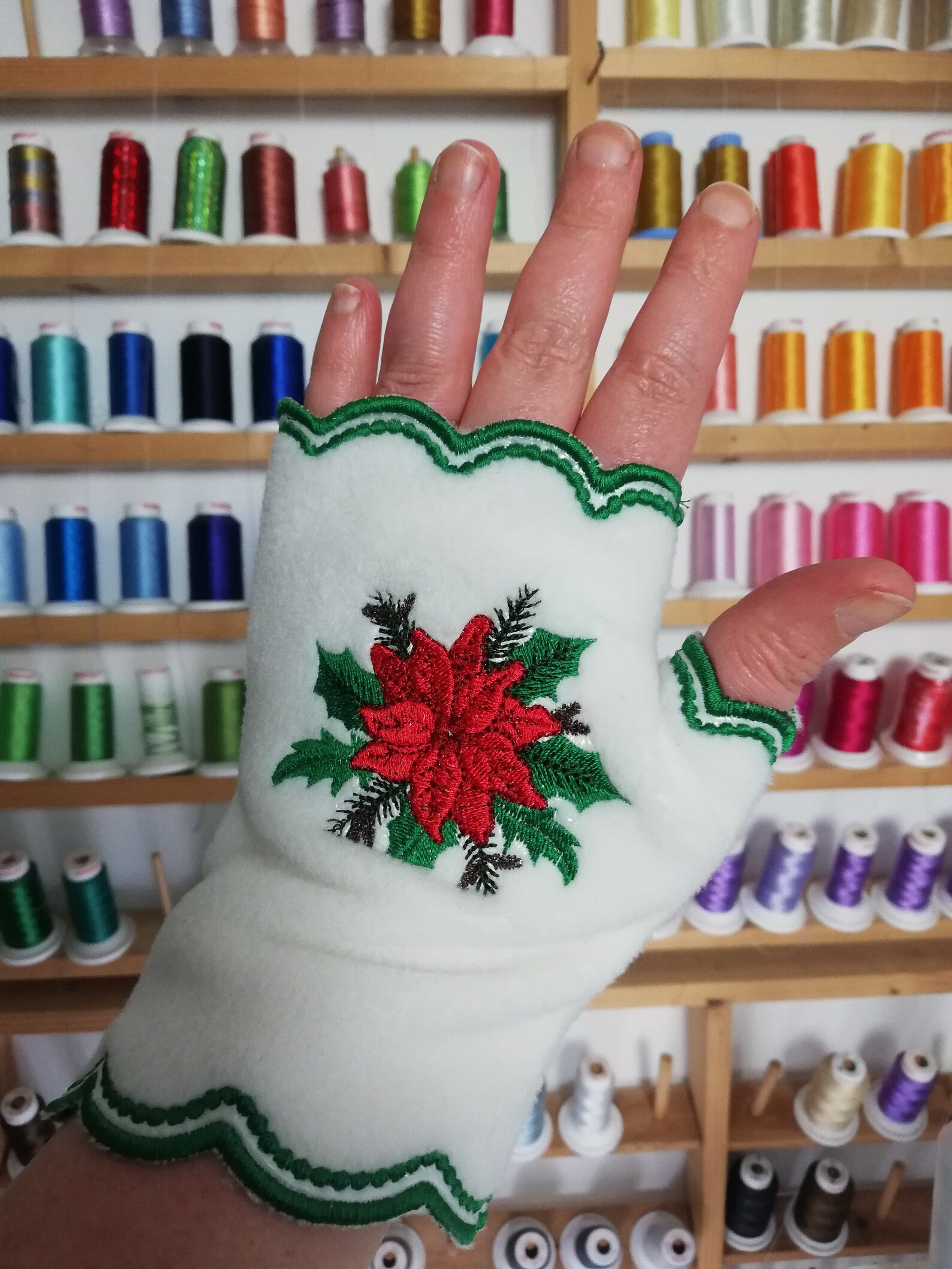 Wristlets Medium Fingerless Gloves Poinsettia Pattern | Etsy UK