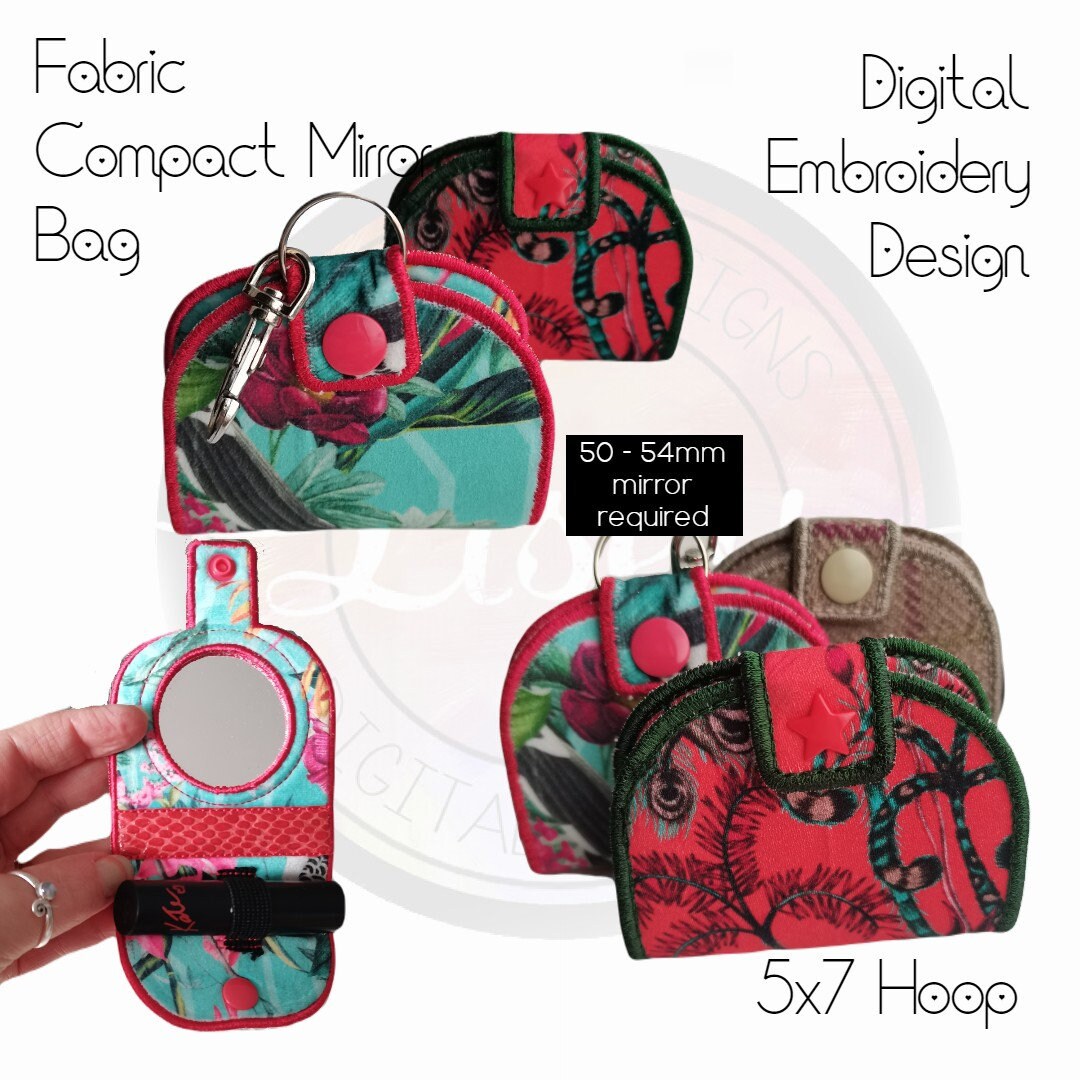 50 - 54mm Mirror, Fabric Compact Mirror Lippy Bag, Digital Embroidery ...