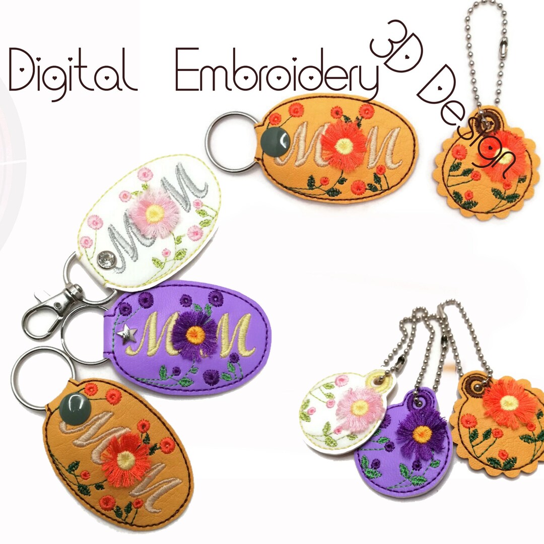 3D Key Fob & Bag Charm, Fringed Flowers, Digital Embroidery Instant ...