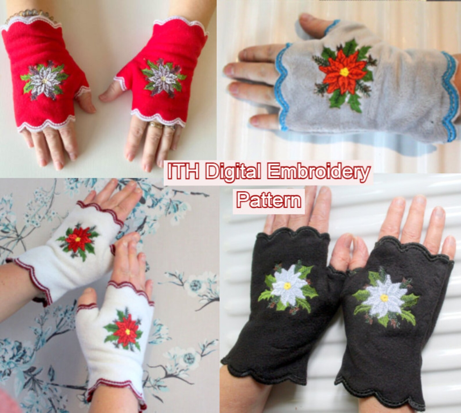 Wristlets Medium Fingerless Gloves Poinsettia Pattern | Etsy UK