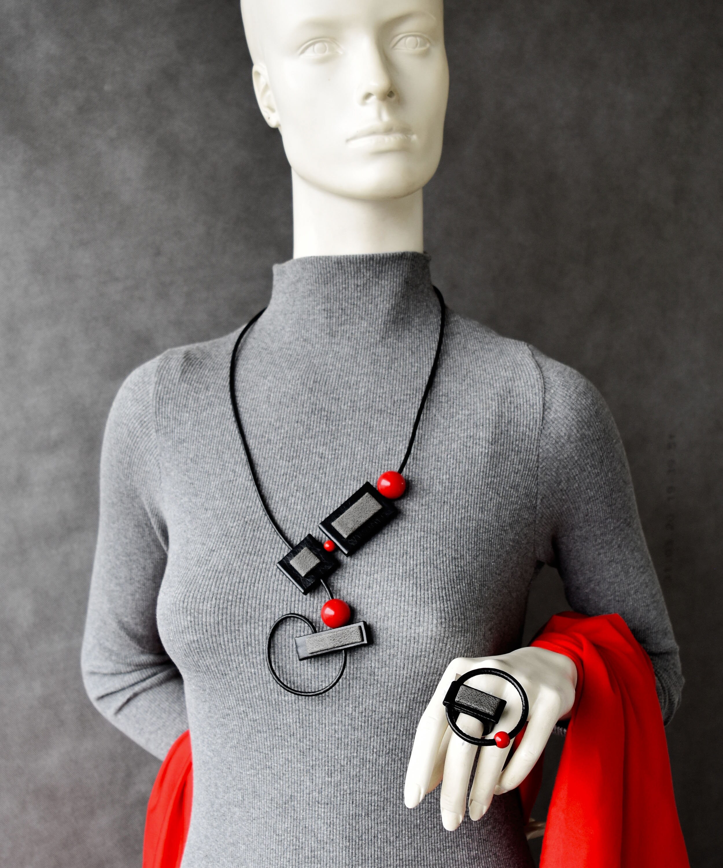 Art Slider Black and Gray Necklace With Red Beads, Statement Necklace ...