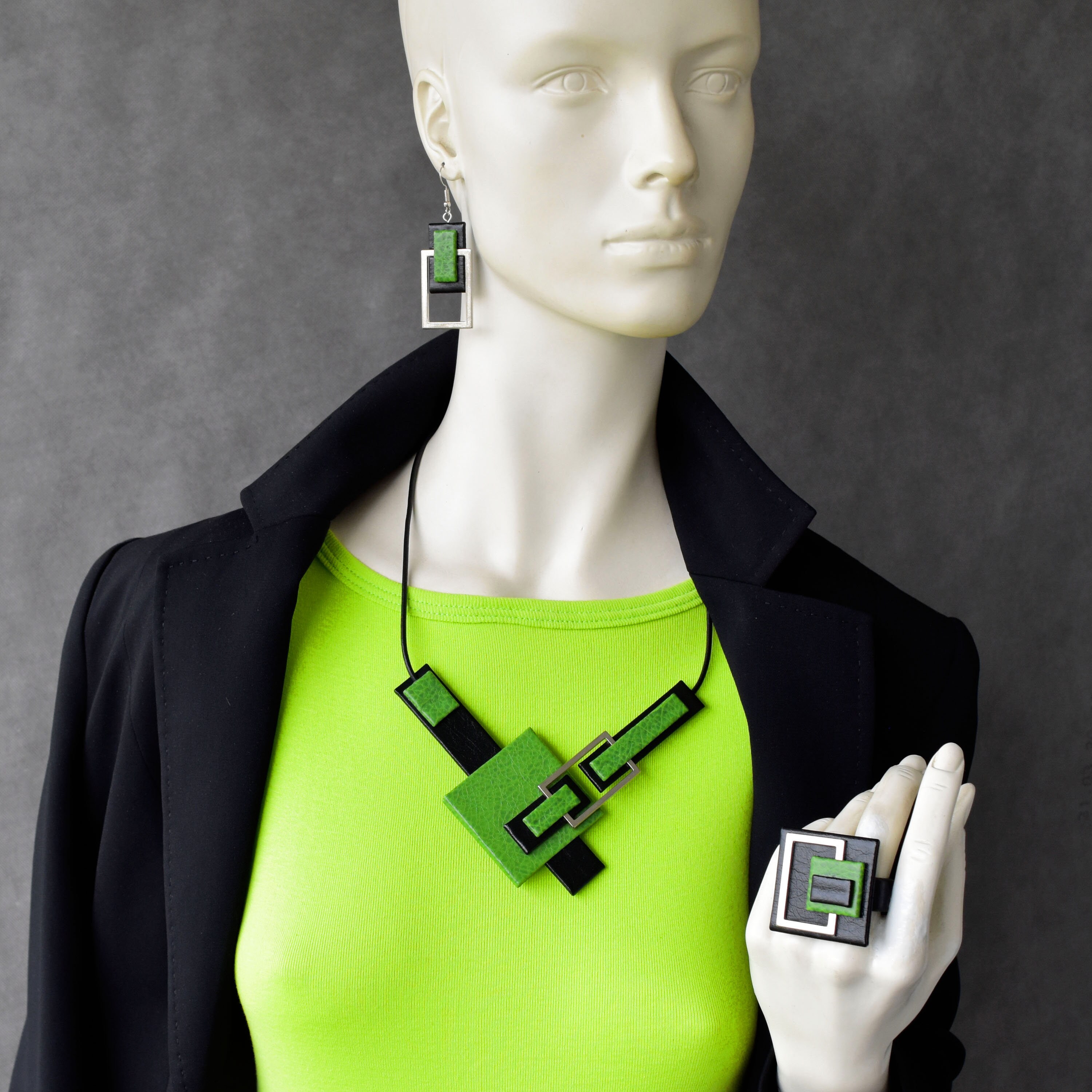Green and Black Jewelry Set, Two Side Necklace, Asymmetric Necklace ...