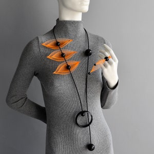 Long Adjustable Open Necklace, Black and Orange Statement Necklace, Art ...