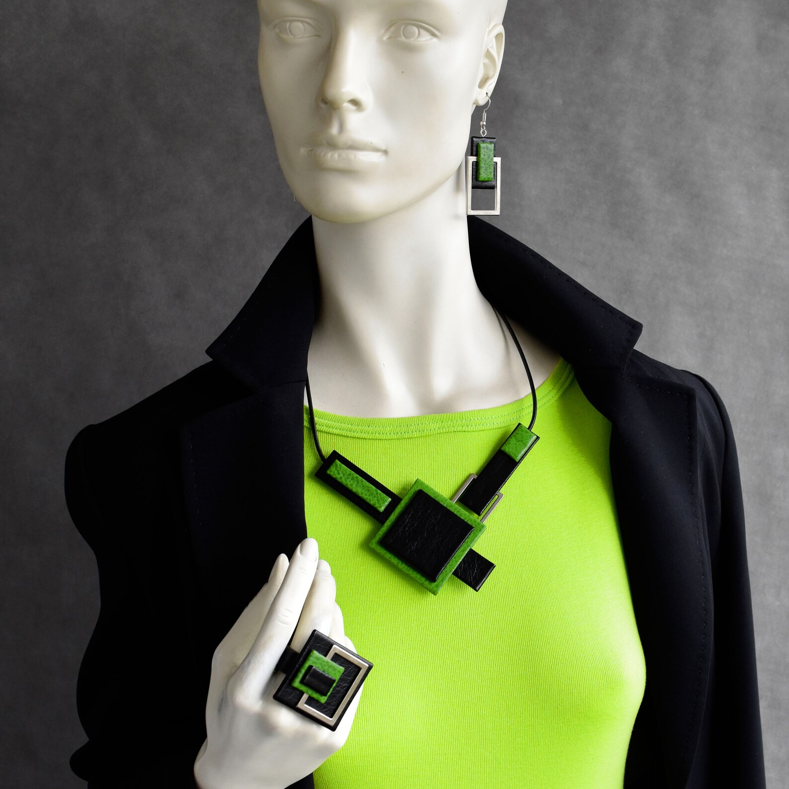 Green and Black Jewelry Set Two Side Necklace Asymmetric - Etsy