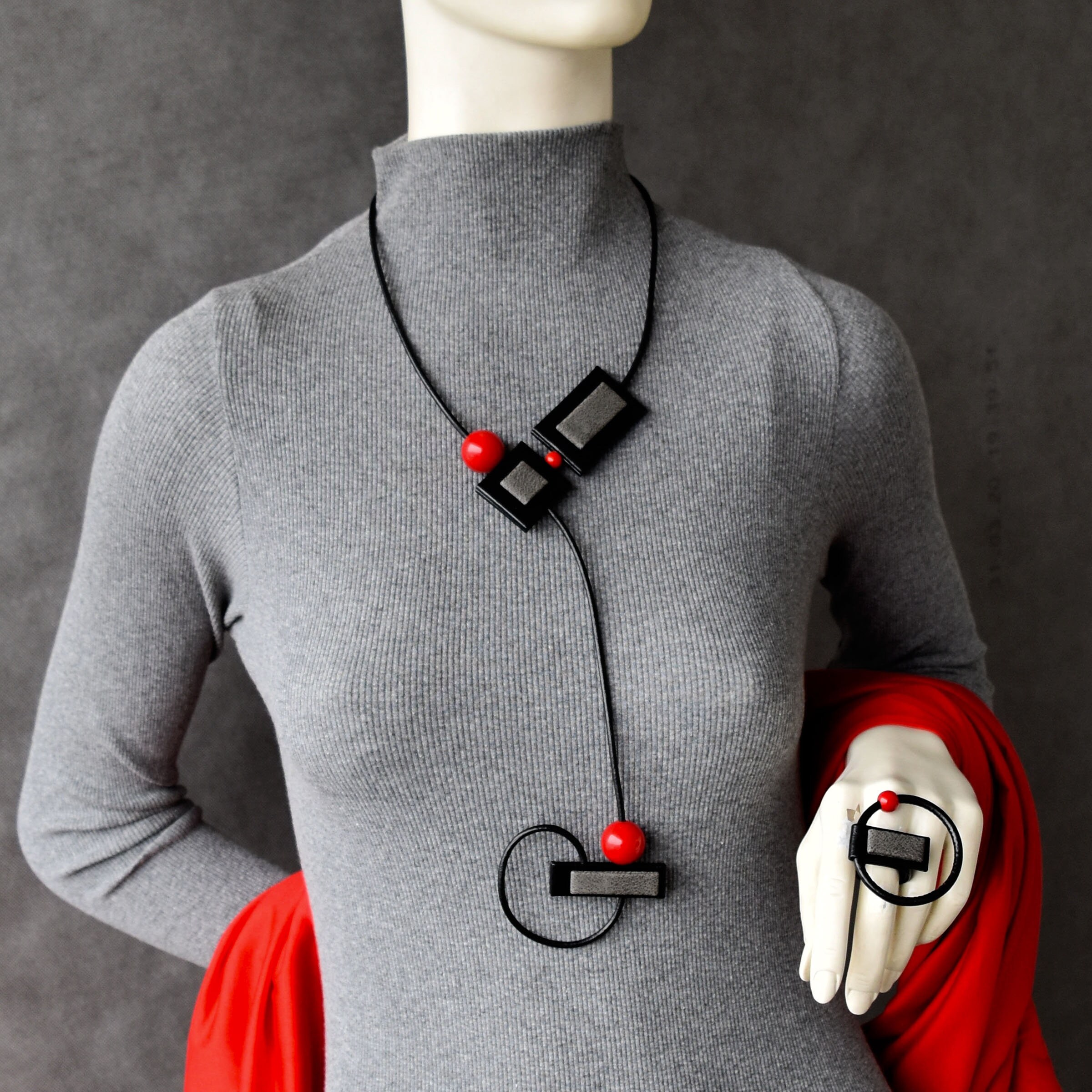 Art Slider Black and Gray Necklace With Red Beads, Statement Necklace ...