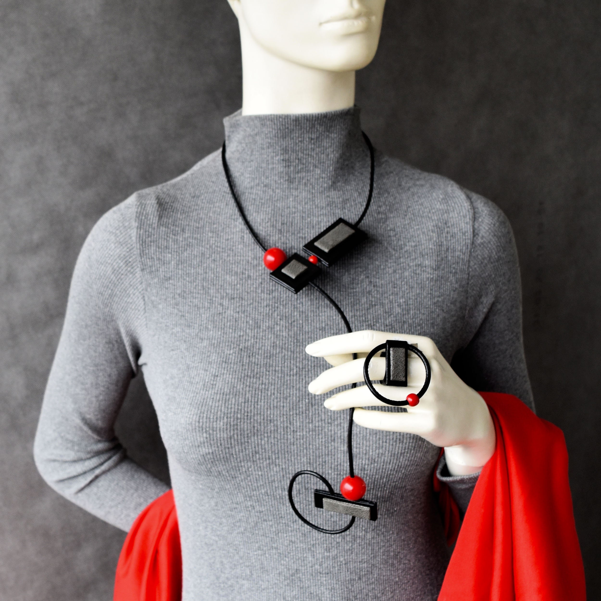 Art Slider Black and Gray Necklace With Red Beads, Statement Necklace ...