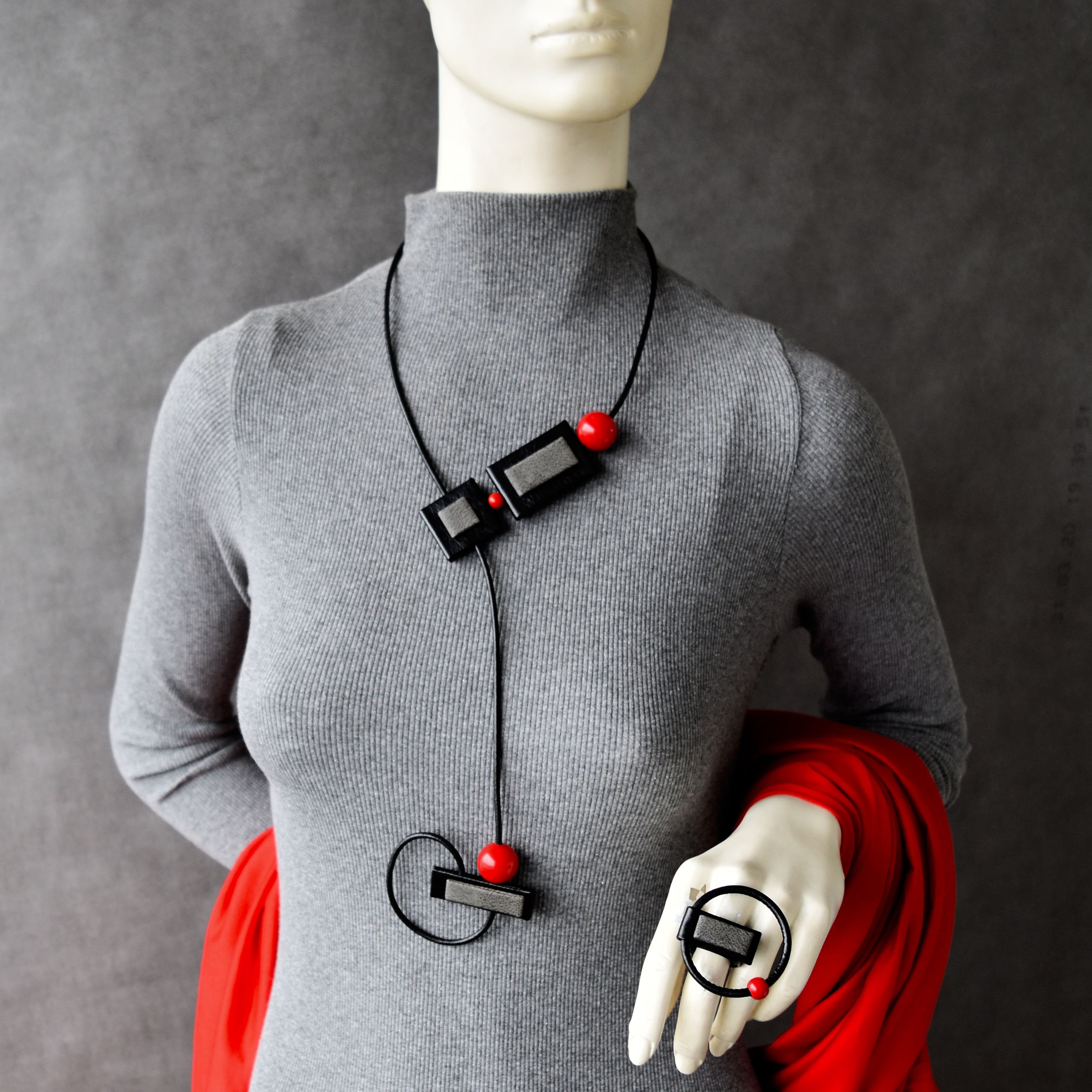 Art Slider Black and Gray Necklace With Red Beads, Statement Necklace ...