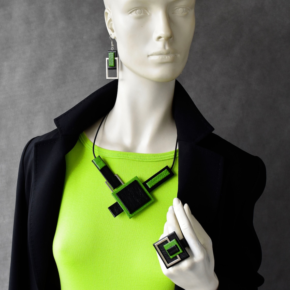 Green and Black Jewelry Set Two Side Necklace Asymmetric - Etsy