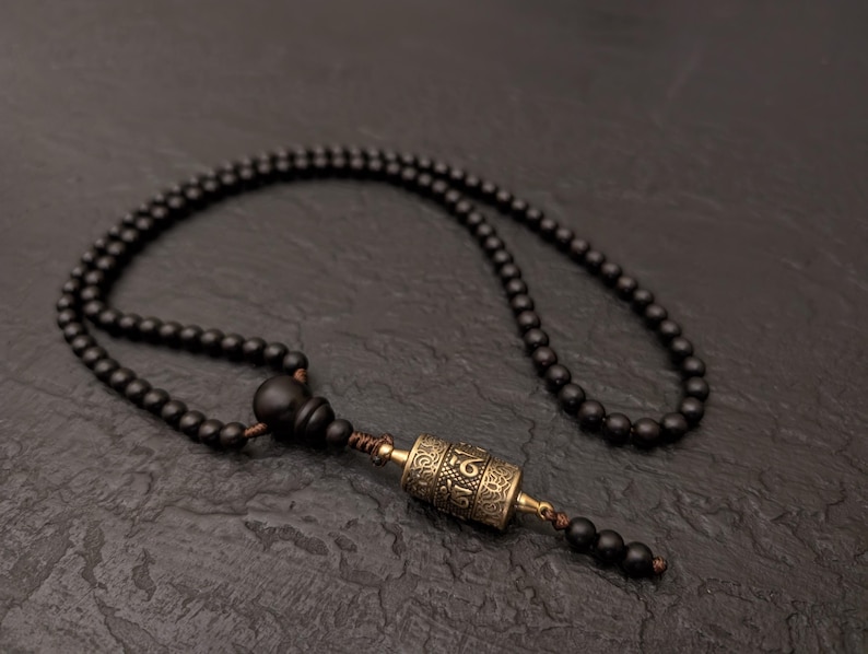 Black Ebony Wood Mala Necklace 108 Beads Tibetan Rotating Prayer Wheel ...