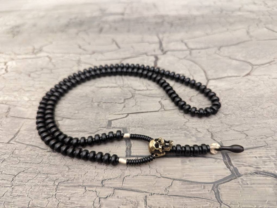 Kali Skull Necklace Mala Rosary 108 Prayer Beads, Natural Black Coconut ...