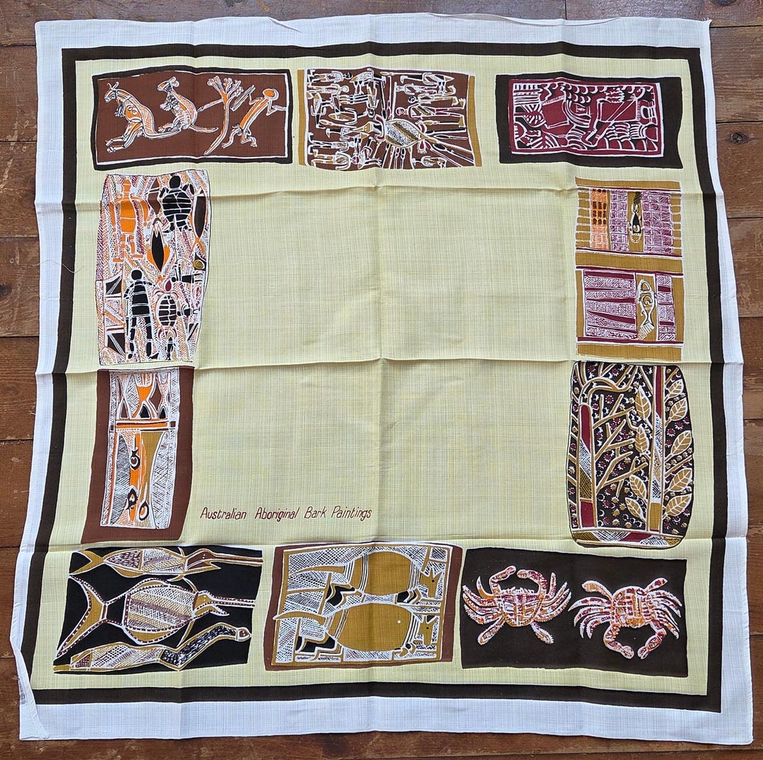 Vintage Australian Tablecloth Aboriginal Bark Paintings 34.5" X 35.5 ...