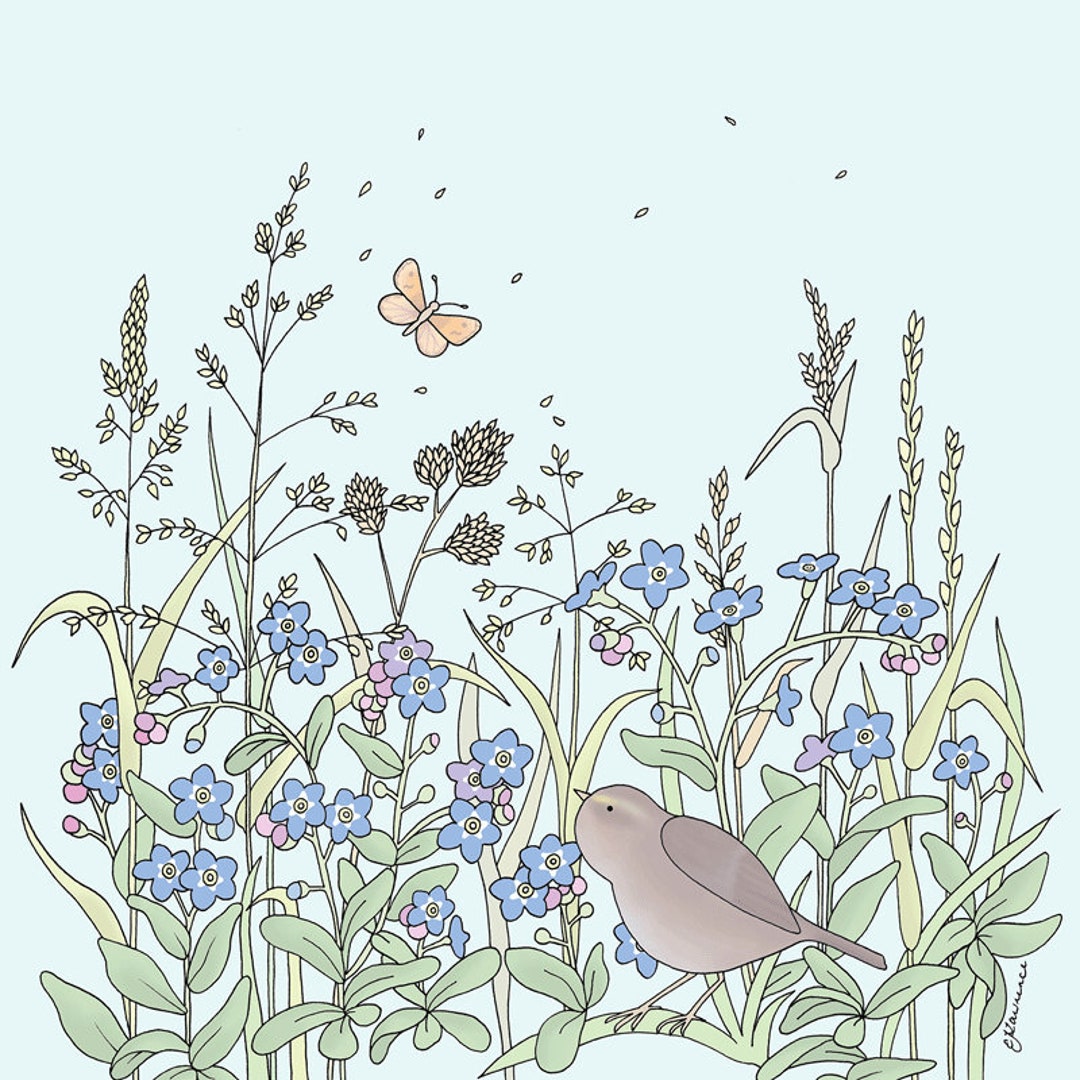 Flora & Fauna Chiffchaff Bird and Forget-me-not Greeting Card by Emma Lawrence Designs Thinking ...